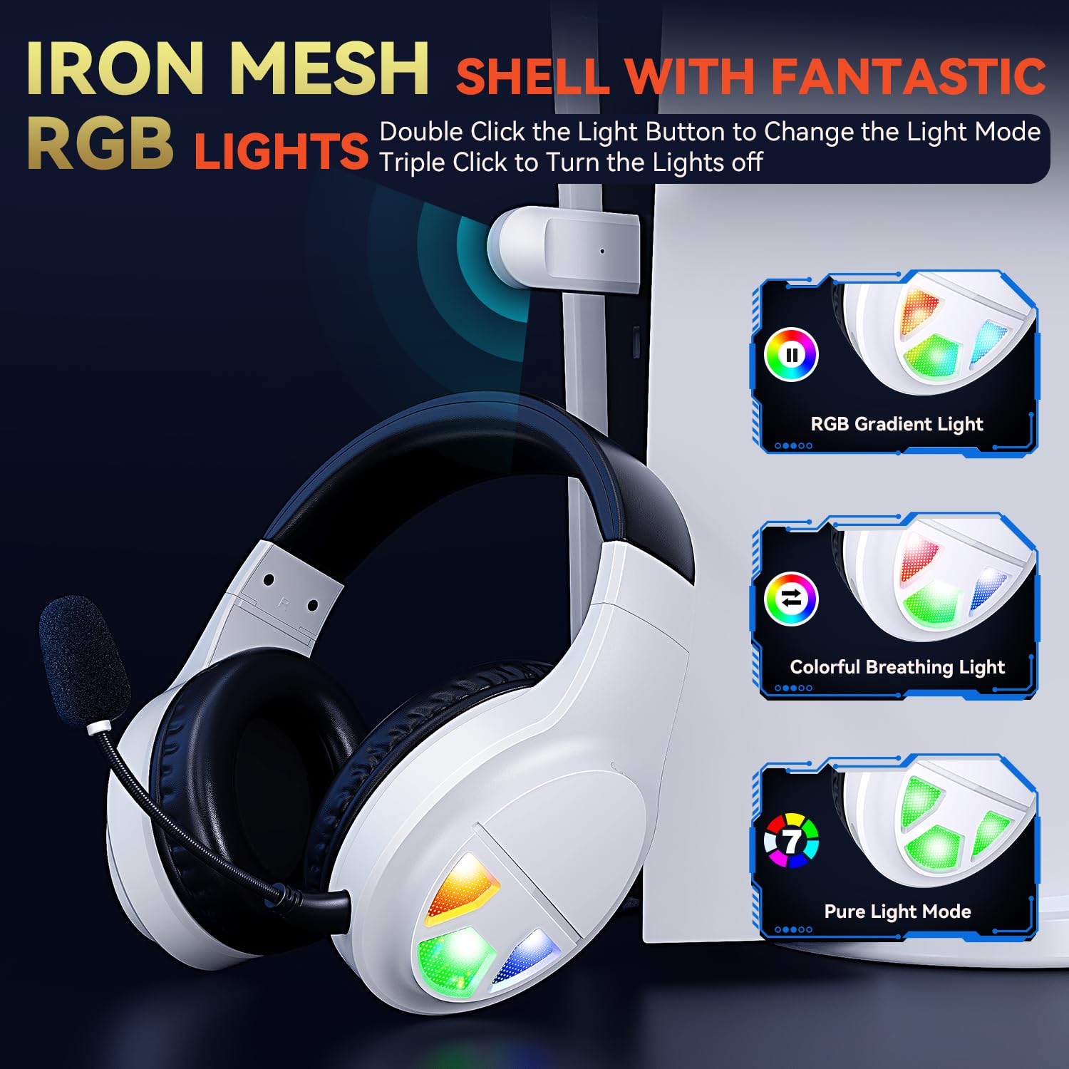 WiseWing 2.4GHz Wireless Gaming Headset for PC, PS5, PS4, Switch, USB Gaming Headphones with Noise Canceling Microphone, Bluetooth 5.4, RGB Lights, 60H Battery Headsets for Mac, Laptop, Mobile