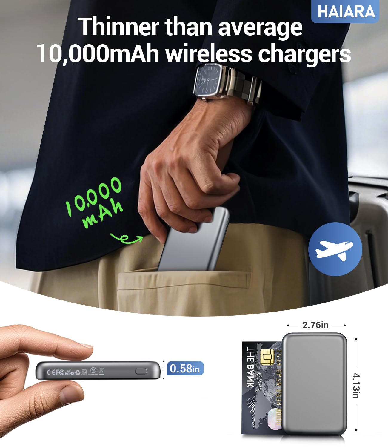 HAIARA for Magsafe Battery Pack, 10000mAh Magnetic Portable Charger with USB C Cable 20W PD Fast Charging, Slim & Lightweight Wireless Power Bank for iPhone 16/15/14/13/12 Series - Sky Grey