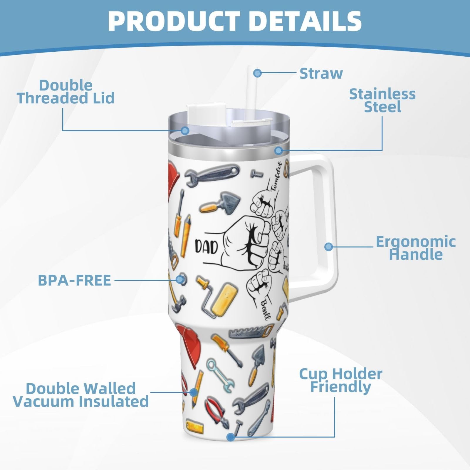 Personalized 40 Oz Tumbler with Handle and Straw Custom Name 3D Inflated Effect Stainless Steel Travel Cup Dad Coffee Mug Best Dad Ever Gifts Birthday Father's Day Gift,10