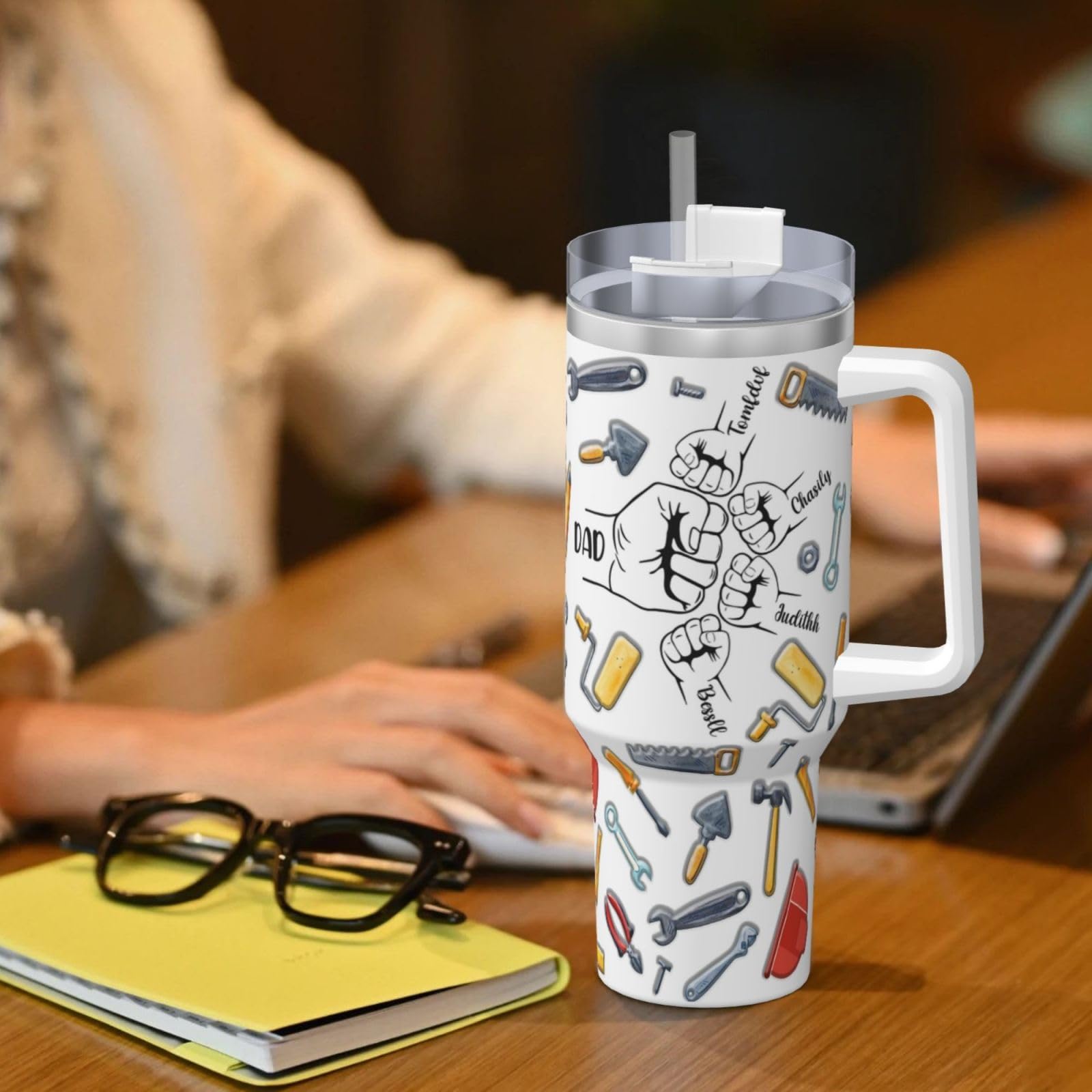Personalized 40 Oz Tumbler with Handle and Straw Custom Name 3D Inflated Effect Stainless Steel Travel Cup Dad Coffee Mug Best Dad Ever Gifts Birthday Father's Day Gift,10
