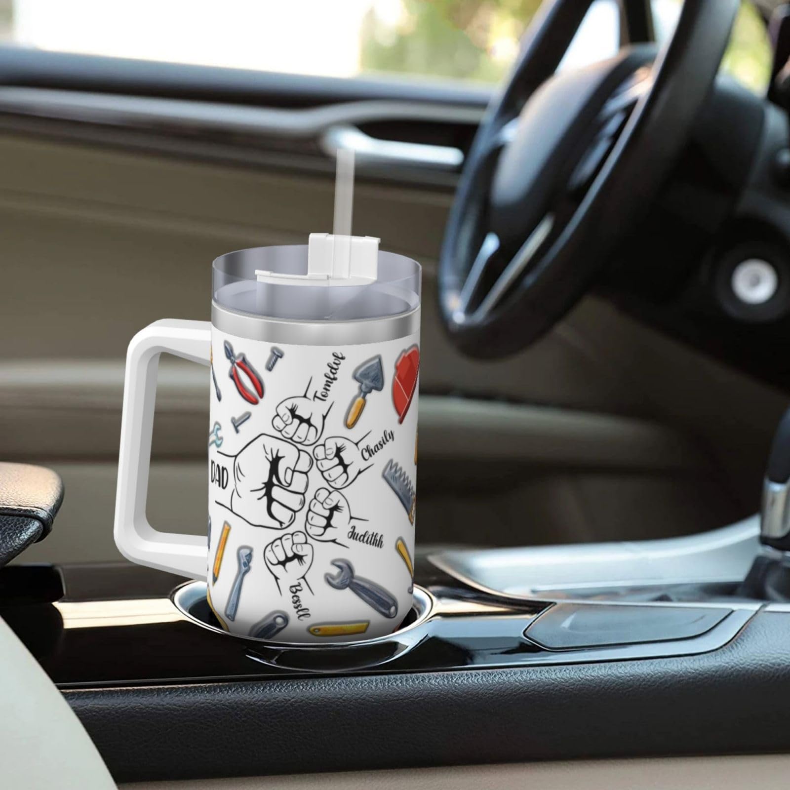 Personalized 40 Oz Tumbler with Handle and Straw Custom Name 3D Inflated Effect Stainless Steel Travel Cup Dad Coffee Mug Best Dad Ever Gifts Birthday Father's Day Gift,10