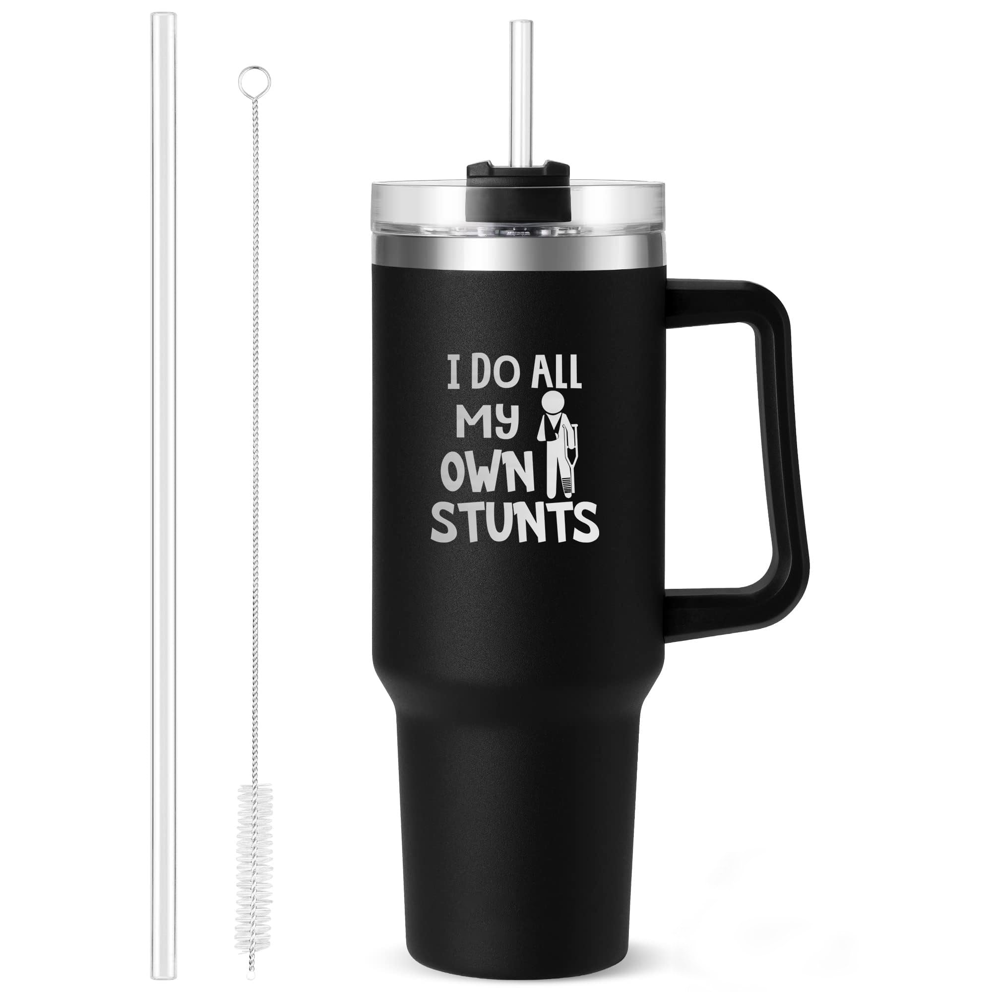 I Do My Own Stunts Tumbler - 40 oz Insulated Cup with Handle & Straw - Funny Get Well Gift for Men & Women, Broken Bone, Surgery Recovery, Knee or Leg Injury, Accident-Prone Coffee Mug