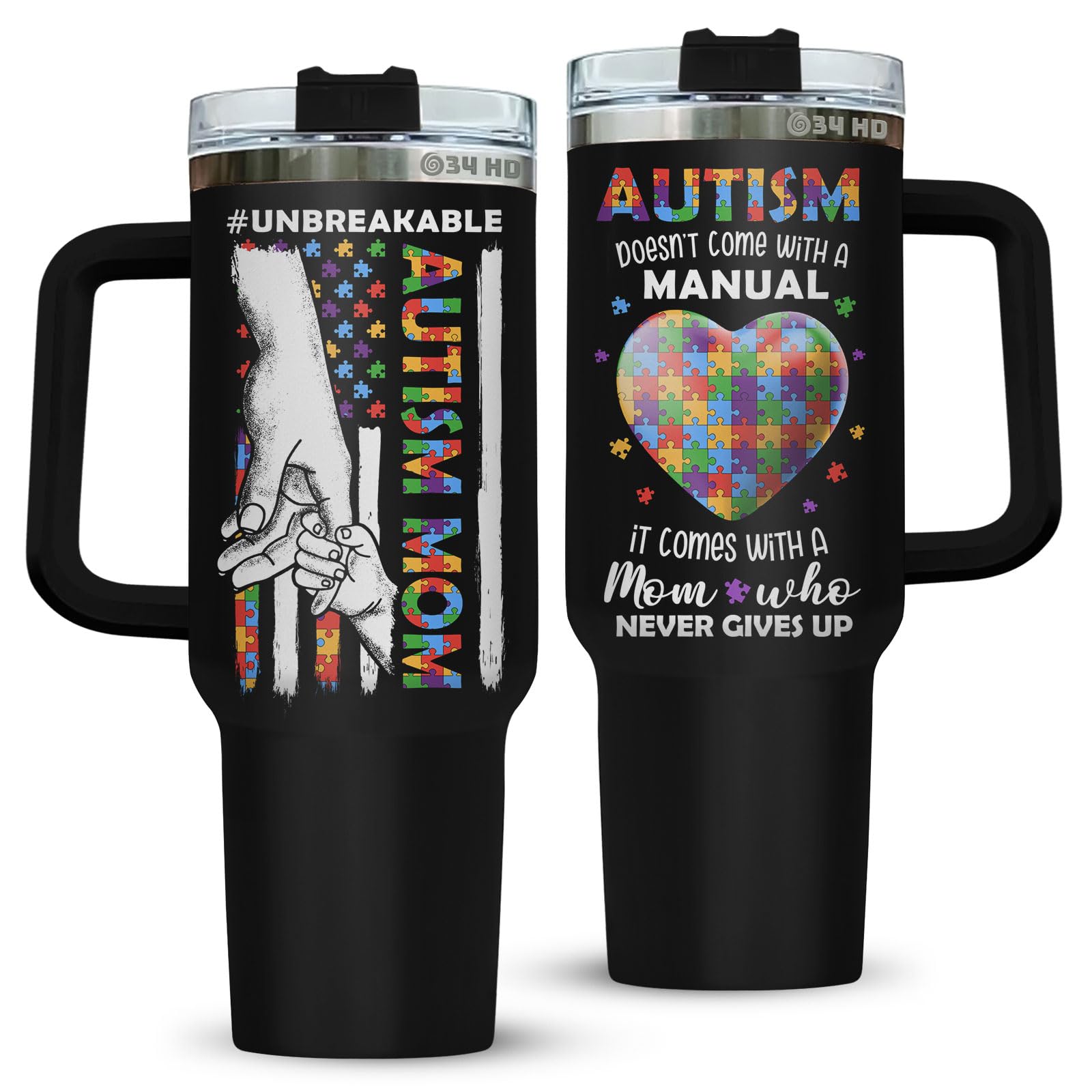 34HD Mothers Day Gifts for Mom Teacher, Autism Mom Tumbler with Lid and Straw 40oz Stainless Steel, Autistic Kids Parent Coffee Mug, Autism Awareness Gifts for Women