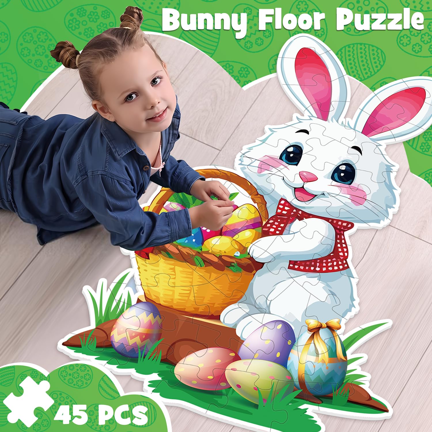 Easter Basket Stuffers for Toddlers Kids, 45PCS Bunny Floor Puzzle for Kids Age 4-8 Large Jigsaw Puzzles Easter Gifts for Boys Girls Egg Hunt