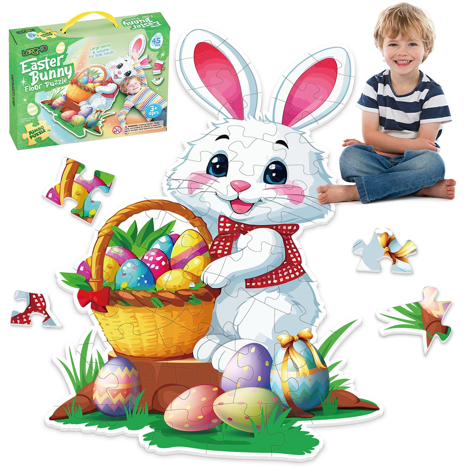 Easter Basket Stuffers for Toddlers Kids, 45PCS Bunny Floor Puzzle for Kids Age 4-8 Large Jigsaw Puzzles Easter Gifts for Boys Girls Egg Hunt