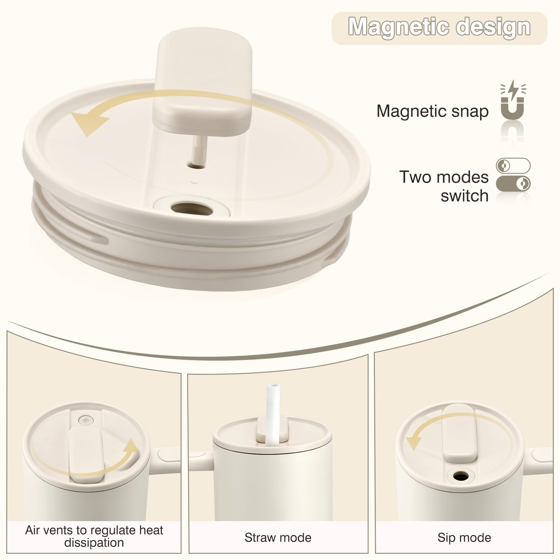 Pawtong 40oz Magnetic Lid Insulated Tumbler with Handle, 360° Rotating & Removable Cover, Leak-Proof Travel Mug with Soft Silicone Straw for Drivers, Commuters, Road Trips, Dishwasher Safe (Beige)