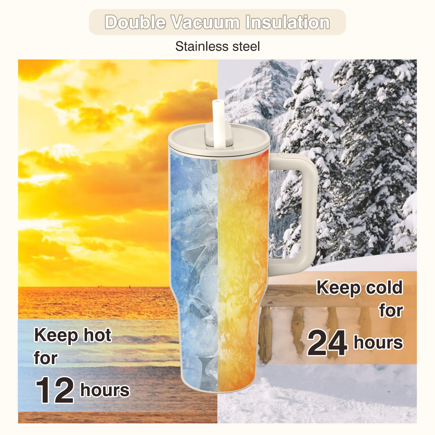 Pawtong 40oz Magnetic Lid Insulated Tumbler with Handle, 360° Rotating & Removable Cover, Leak-Proof Travel Mug with Soft Silicone Straw for Drivers, Commuters, Road Trips, Dishwasher Safe (Beige)