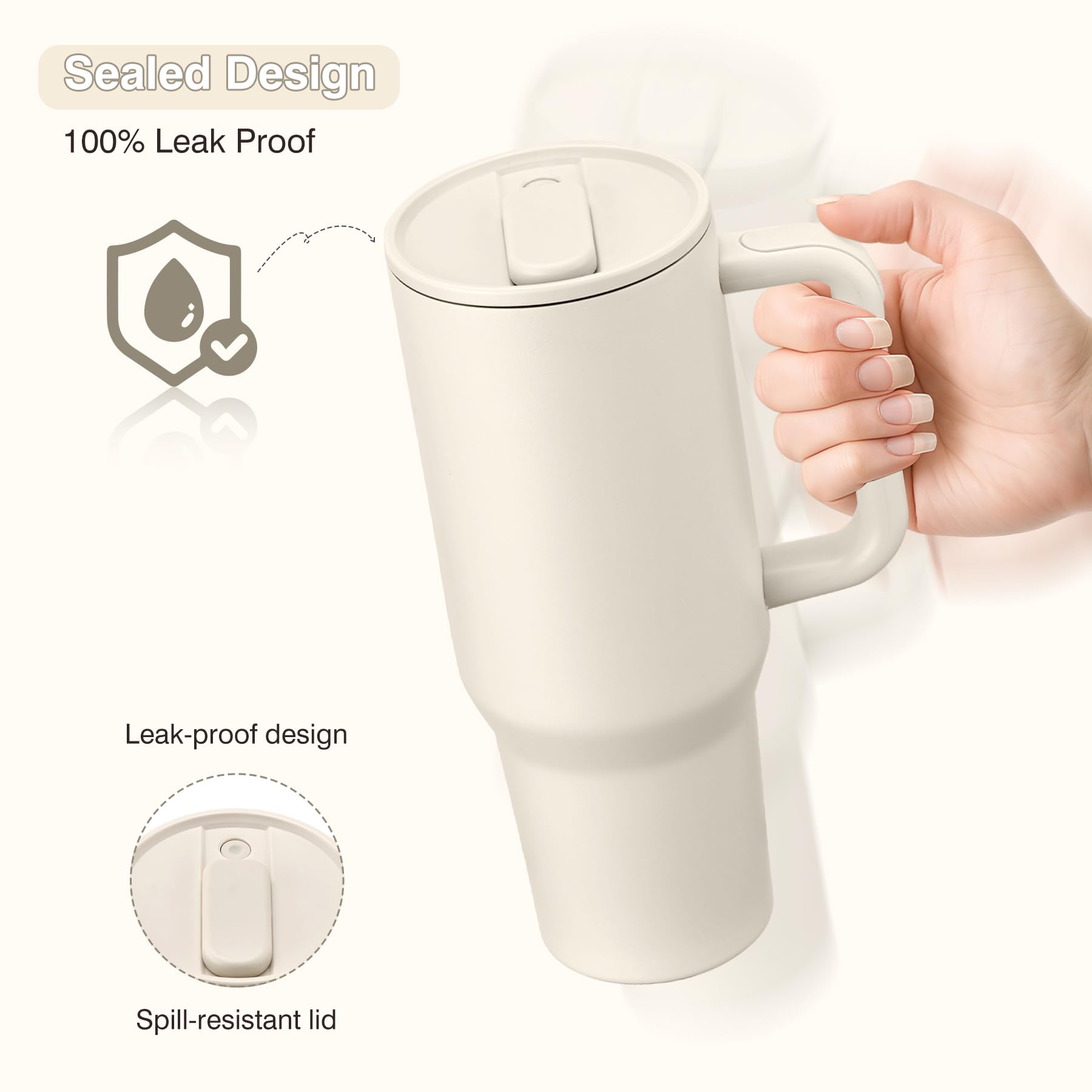 Pawtong 40oz Magnetic Lid Insulated Tumbler with Handle, 360° Rotating & Removable Cover, Leak-Proof Travel Mug with Soft Silicone Straw for Drivers, Commuters, Road Trips, Dishwasher Safe (Beige)