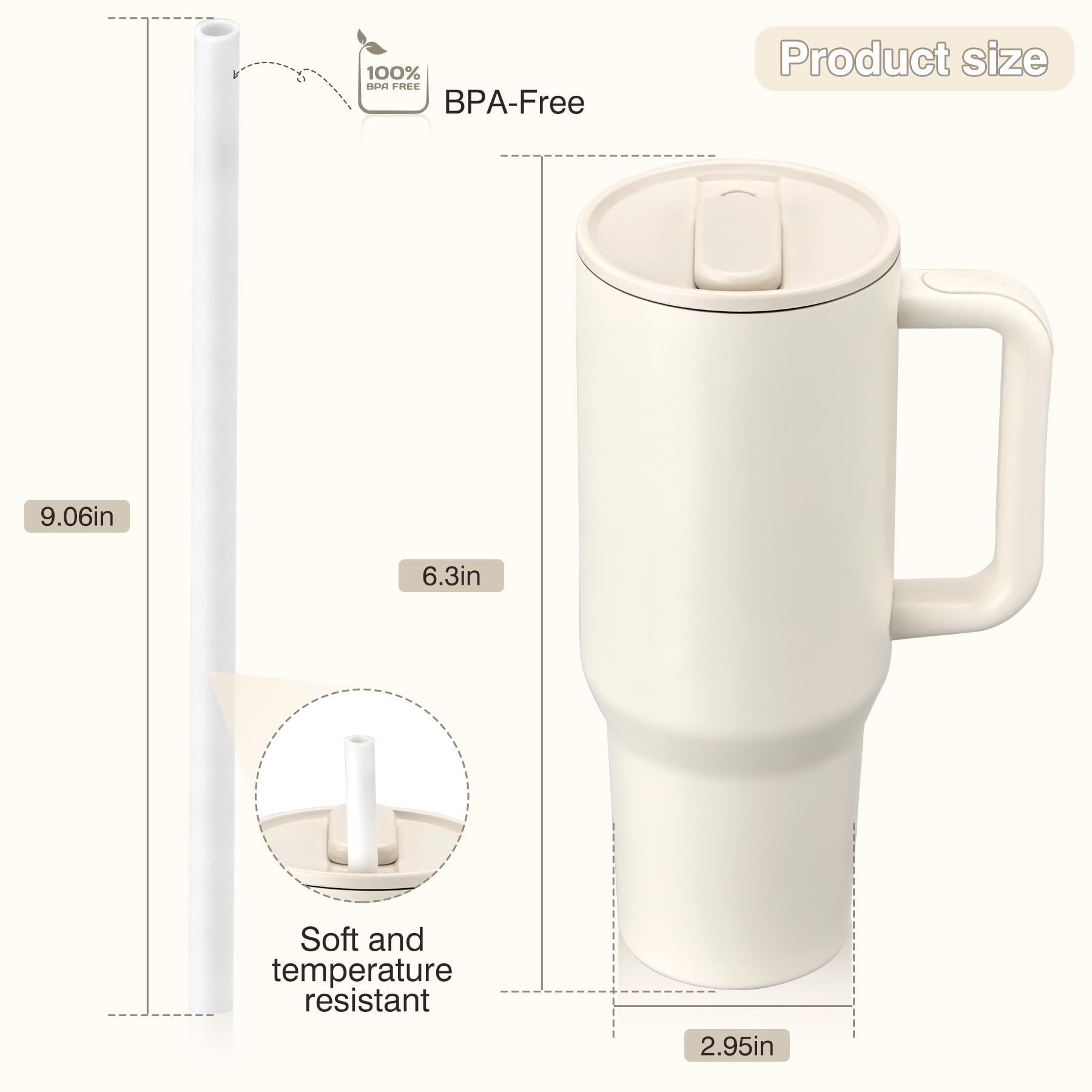 Pawtong 40oz Magnetic Lid Insulated Tumbler with Handle, 360° Rotating & Removable Cover, Leak-Proof Travel Mug with Soft Silicone Straw for Drivers, Commuters, Road Trips, Dishwasher Safe (Beige)