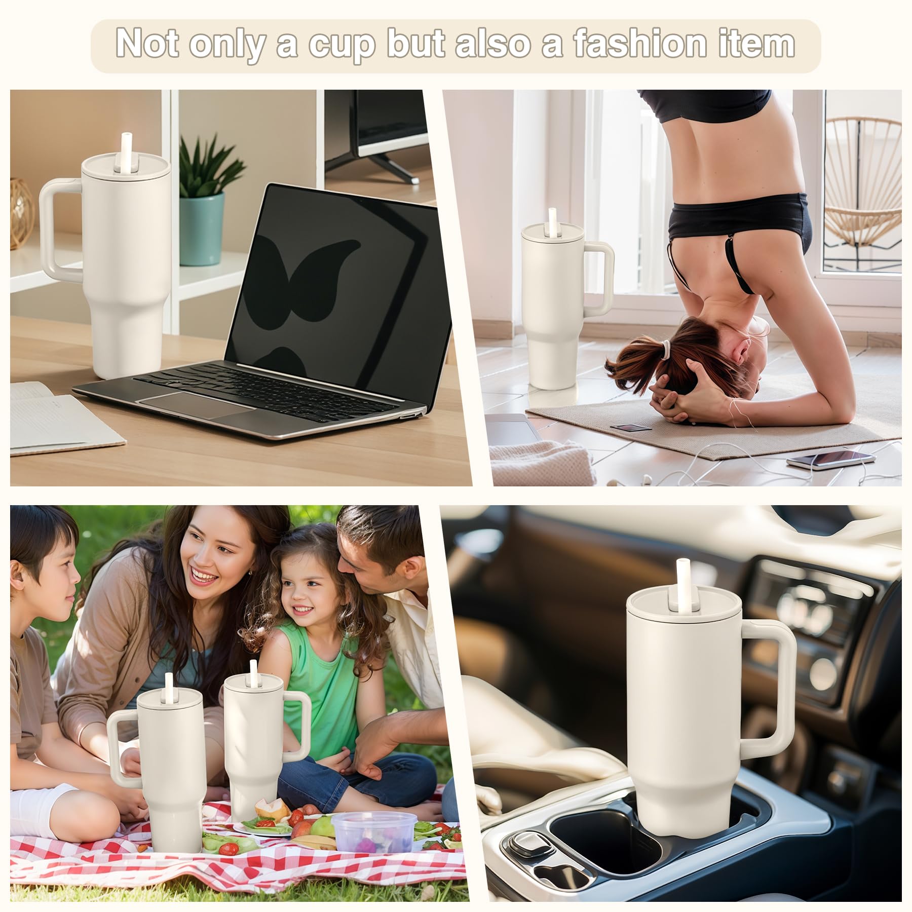 Pawtong 40oz Magnetic Lid Insulated Tumbler with Handle, 360° Rotating & Removable Cover, Leak-Proof Travel Mug with Soft Silicone Straw for Drivers, Commuters, Road Trips, Dishwasher Safe (Beige)
