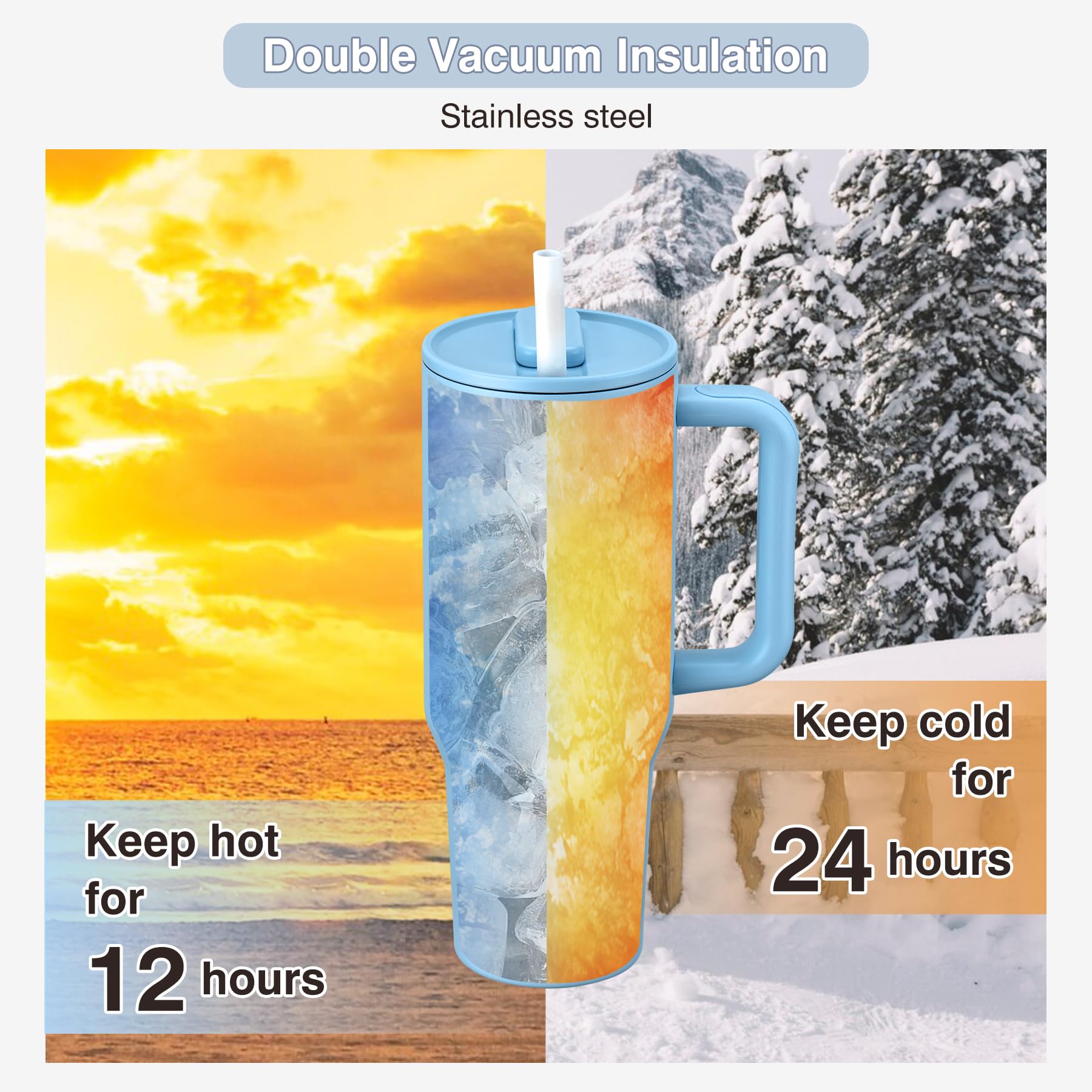 Pawtong 40oz Magnetic Lid Insulated Tumbler with Handle, 360° Rotating & Removable Cover, Leak-Proof Travel Mug with Soft Silicone Straw for Drivers, Commuters, Road Trips, Dishwasher Safe (Blue)