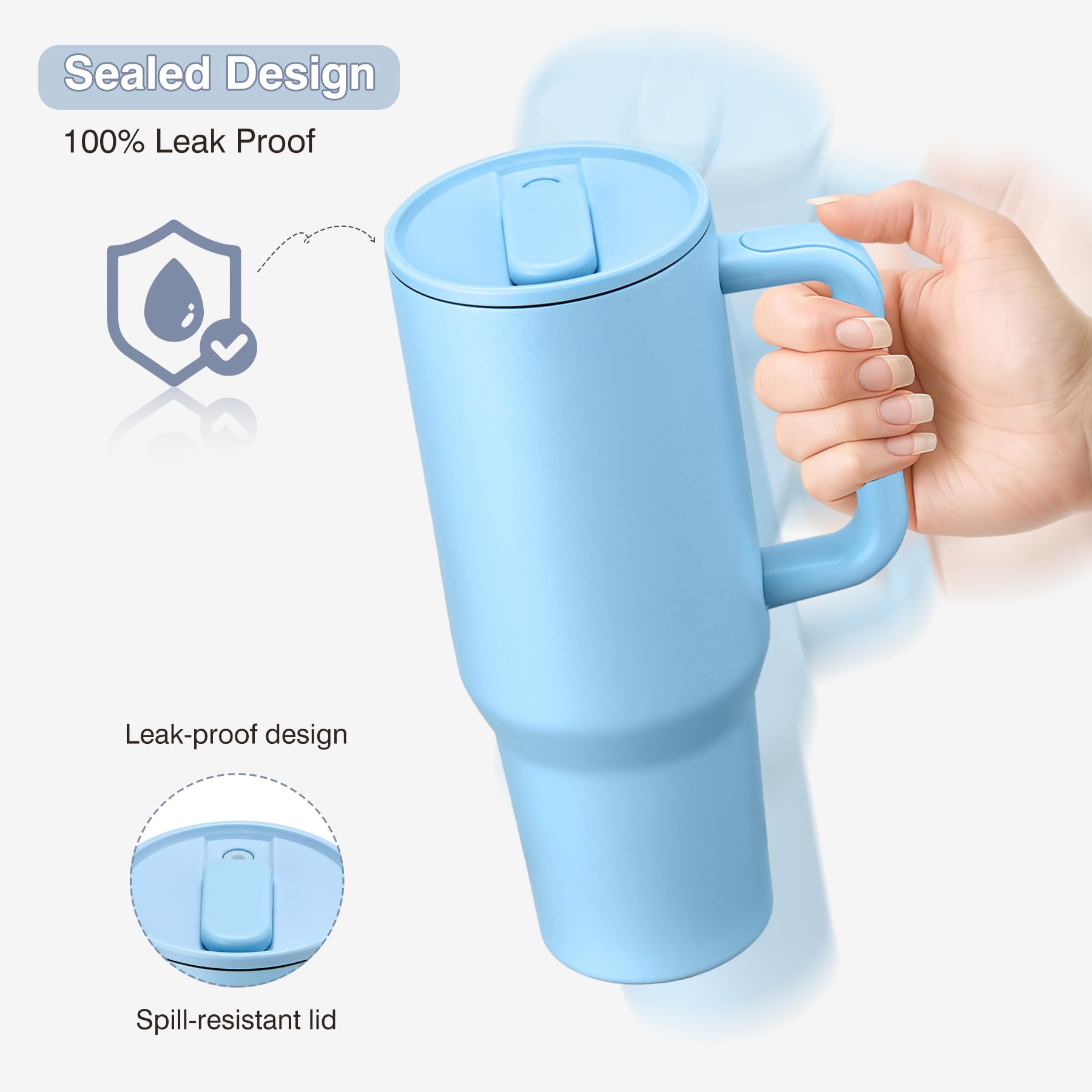 Pawtong 40oz Magnetic Lid Insulated Tumbler with Handle, 360° Rotating & Removable Cover, Leak-Proof Travel Mug with Soft Silicone Straw for Drivers, Commuters, Road Trips, Dishwasher Safe (Blue)