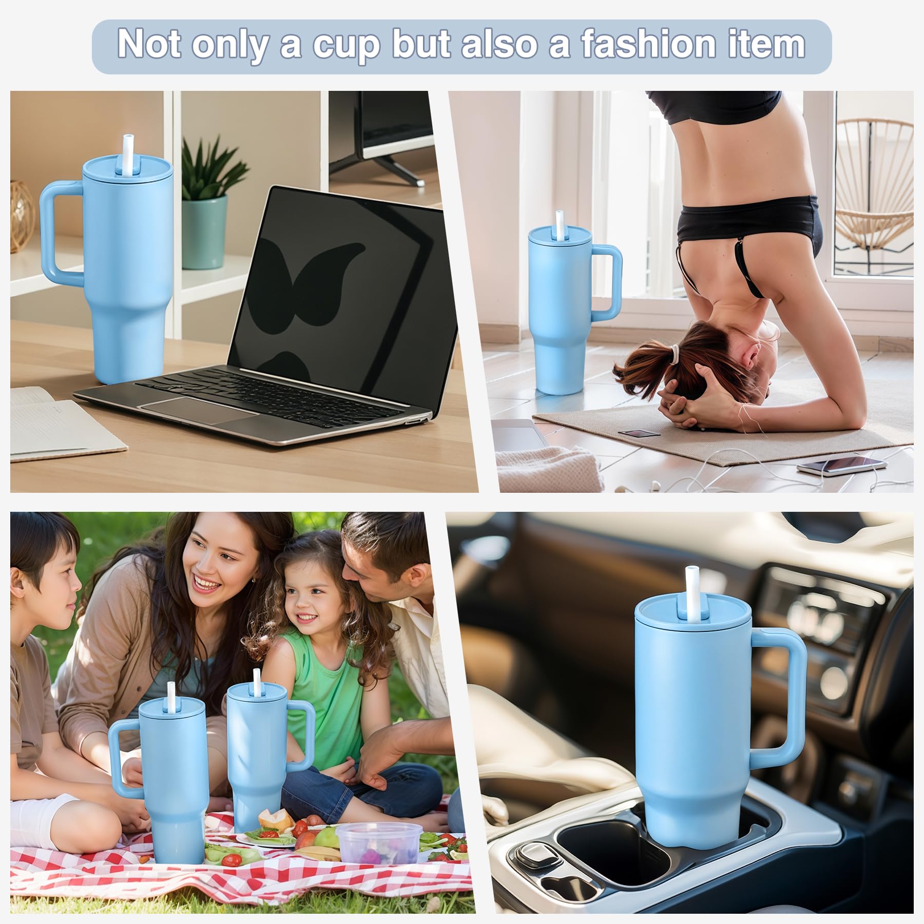 Pawtong 40oz Magnetic Lid Insulated Tumbler with Handle, 360° Rotating & Removable Cover, Leak-Proof Travel Mug with Soft Silicone Straw for Drivers, Commuters, Road Trips, Dishwasher Safe (Blue)