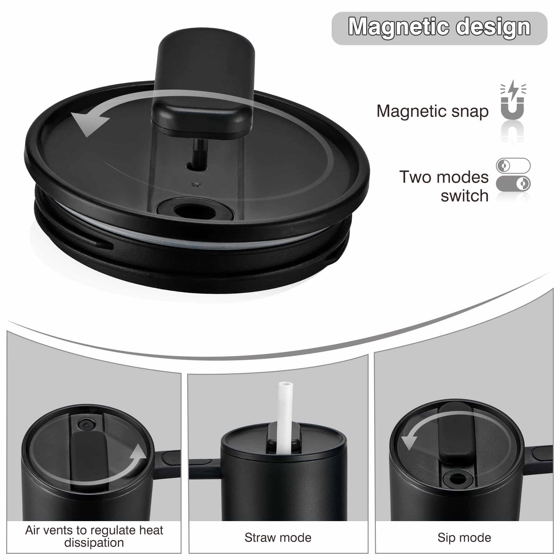 Pawtong 40oz Magnetic Lid Insulated Tumbler with Handle, 360° Rotating & Removable Cover, Leak-Proof Travel Mug with Soft Silicone Straw for Drivers, Commuters, Road Trips, Dishwasher Safe (Black)