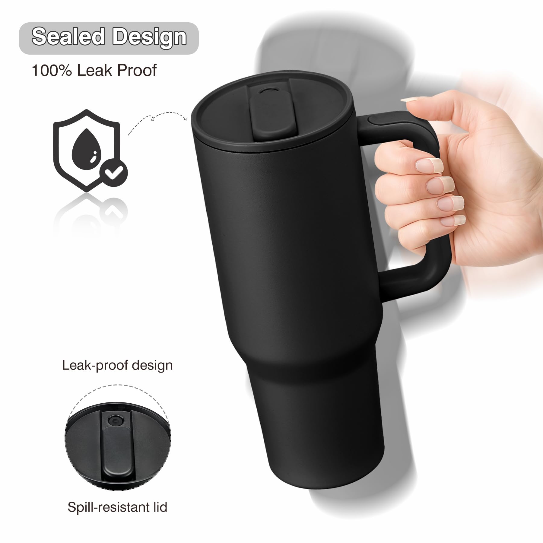 Pawtong 40oz Magnetic Lid Insulated Tumbler with Handle, 360° Rotating & Removable Cover, Leak-Proof Travel Mug with Soft Silicone Straw for Drivers, Commuters, Road Trips, Dishwasher Safe (Black)