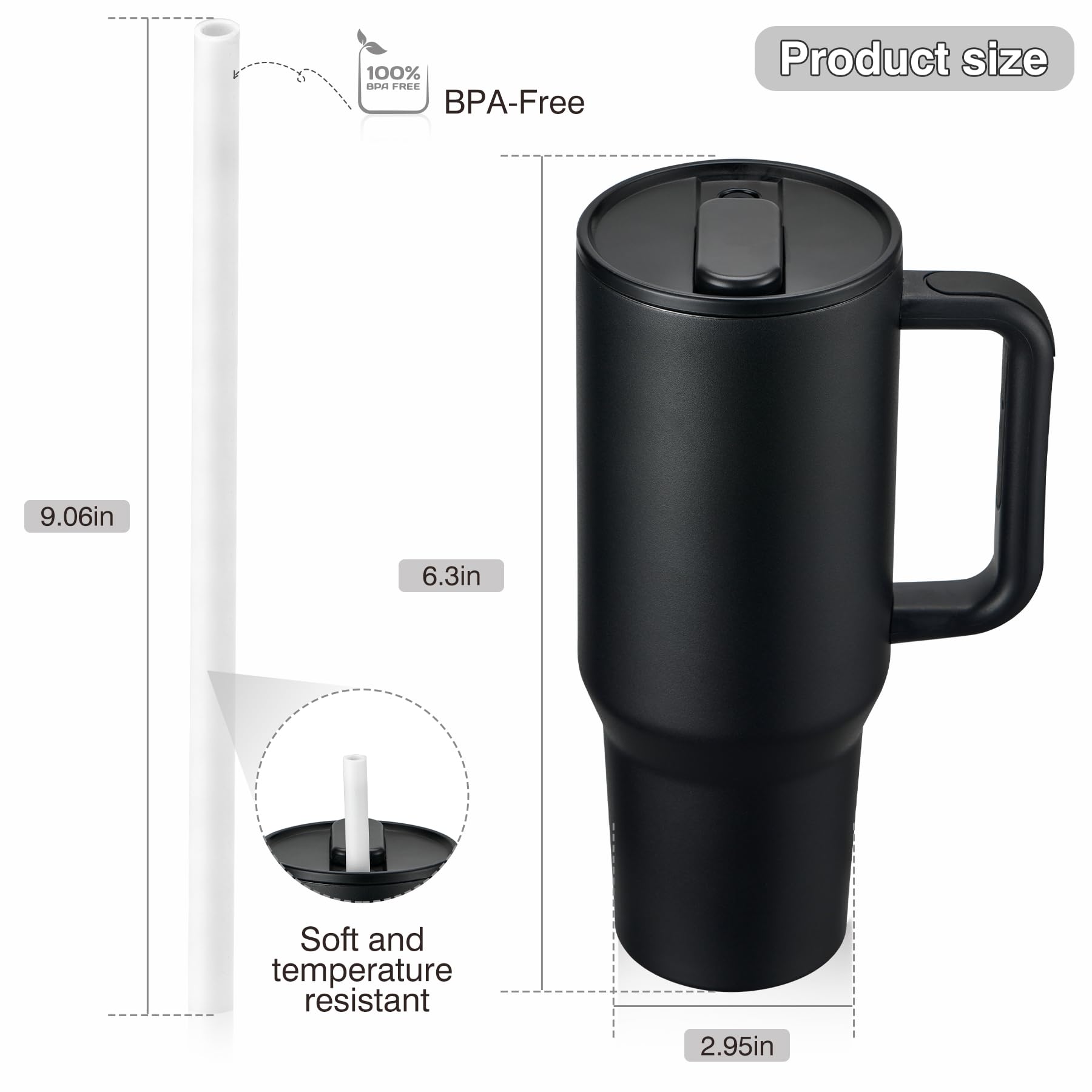 Pawtong 40oz Magnetic Lid Insulated Tumbler with Handle, 360° Rotating & Removable Cover, Leak-Proof Travel Mug with Soft Silicone Straw for Drivers, Commuters, Road Trips, Dishwasher Safe (Black)