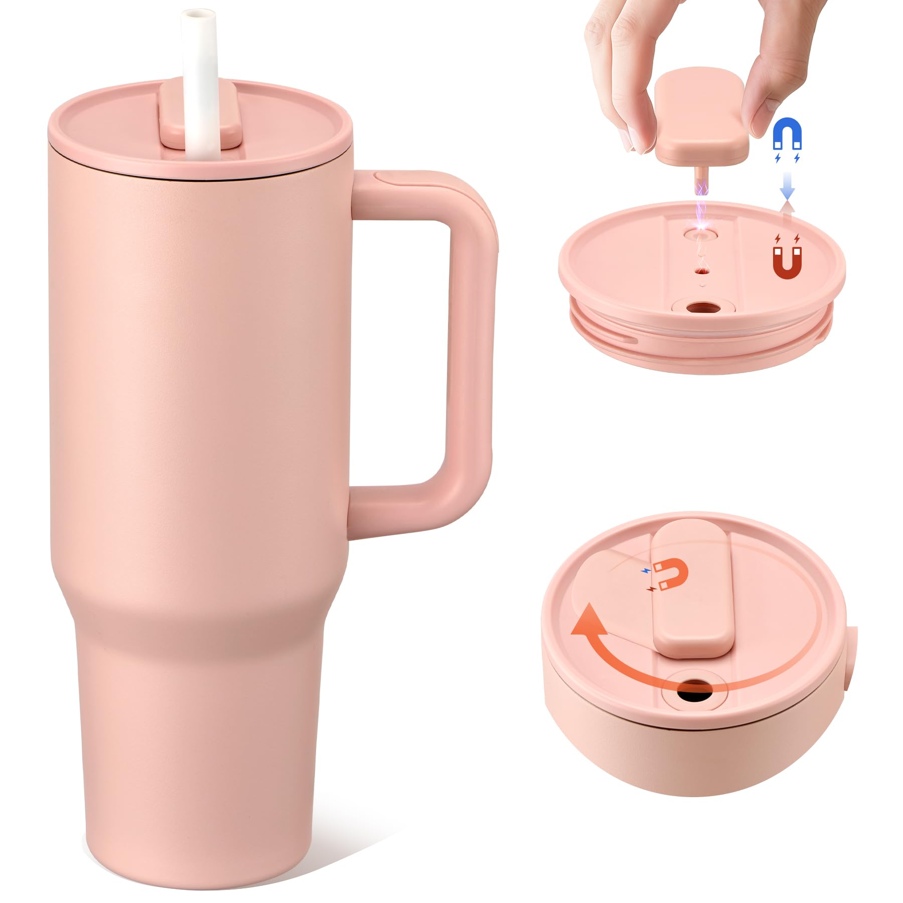40oz Magnetic Lid Insulated Tumbler with Handle, 360° Rotating & Removable Cover, Leak-Proof Travel Mug with Soft Silicone Straw for Drivers, Commuters, Road Trips, Dishwasher Safe (Pink)