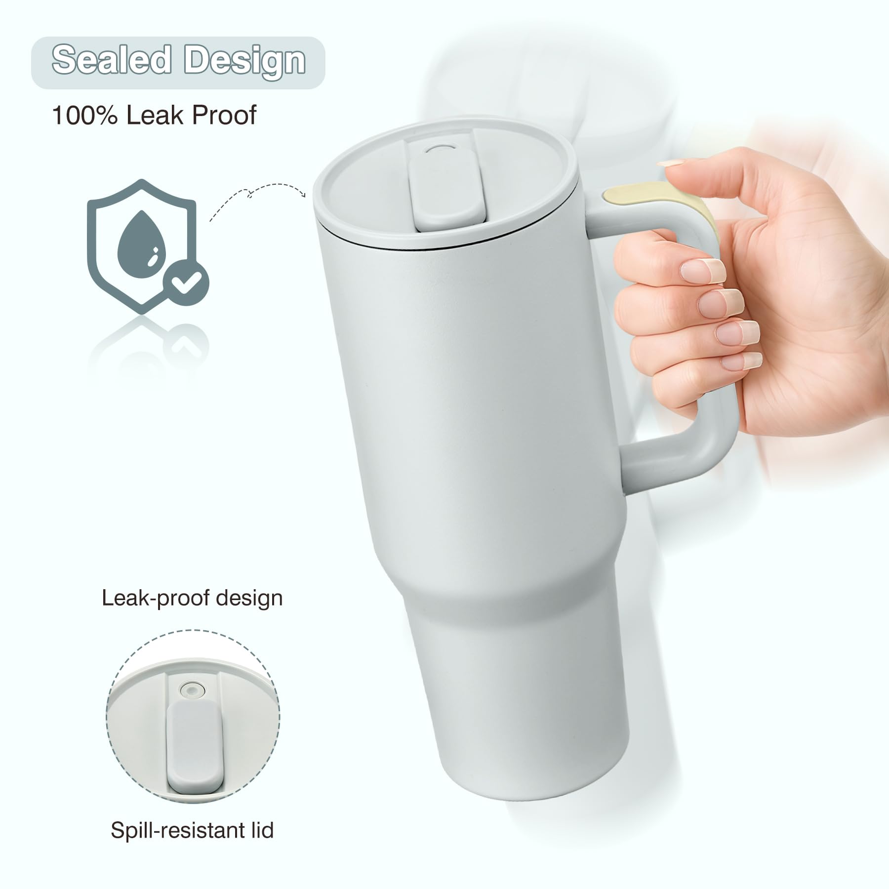 Pawtong 40oz Magnetic Lid Insulated Tumbler with Handle, 360° Rotating & Removable Cover, Leak-Proof Travel Mug with Soft Silicone Straw for Drivers, Commuters, Road Trips, Dishwasher Safe (Grey)