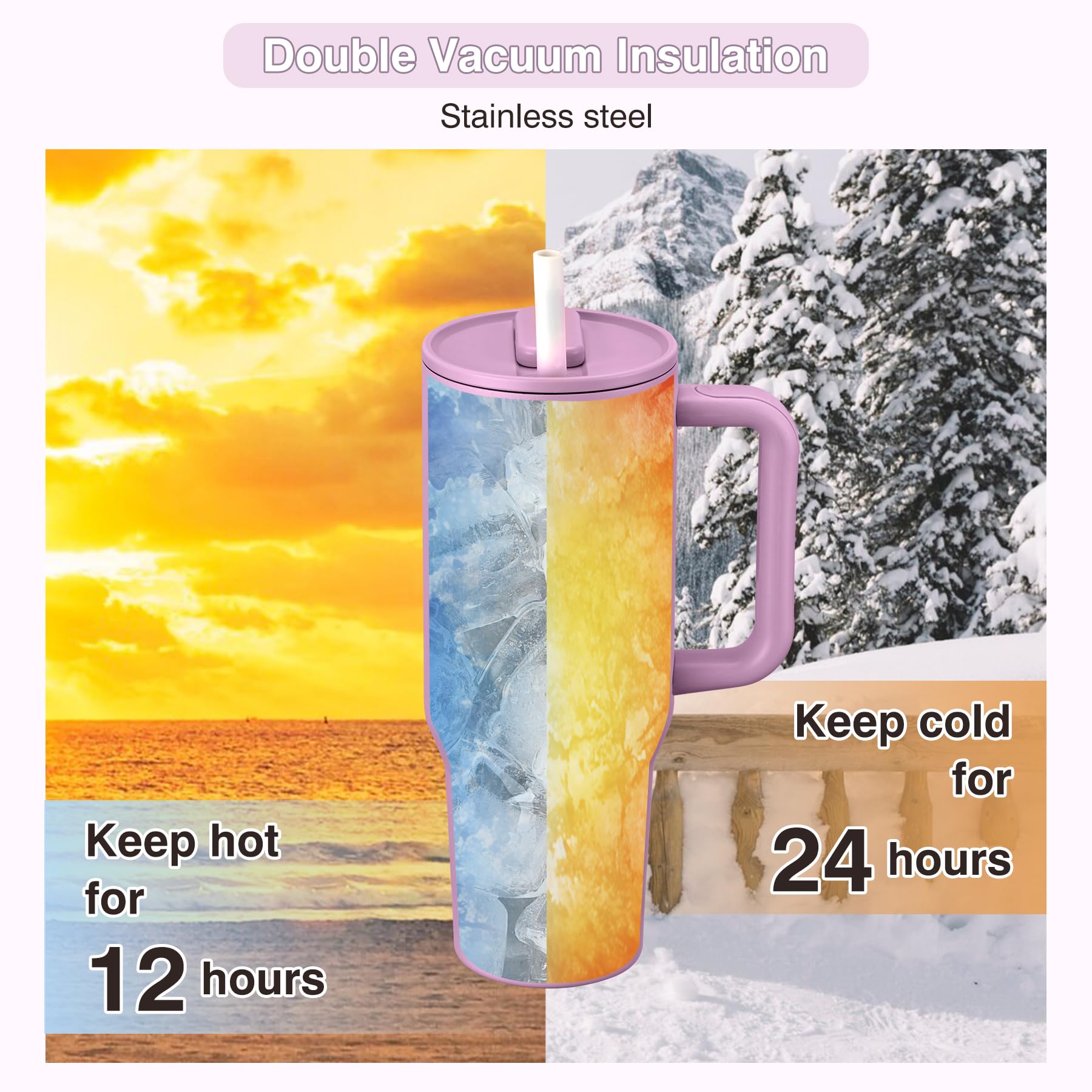 Pawtong 40oz Magnetic Lid Insulated Tumbler with Handle, 360° Rotating & Removable Cover, Leak-Proof Travel Mug with Soft Silicone Straw for Drivers, Commuters, Road Trips, Dishwasher Safe (Purple)
