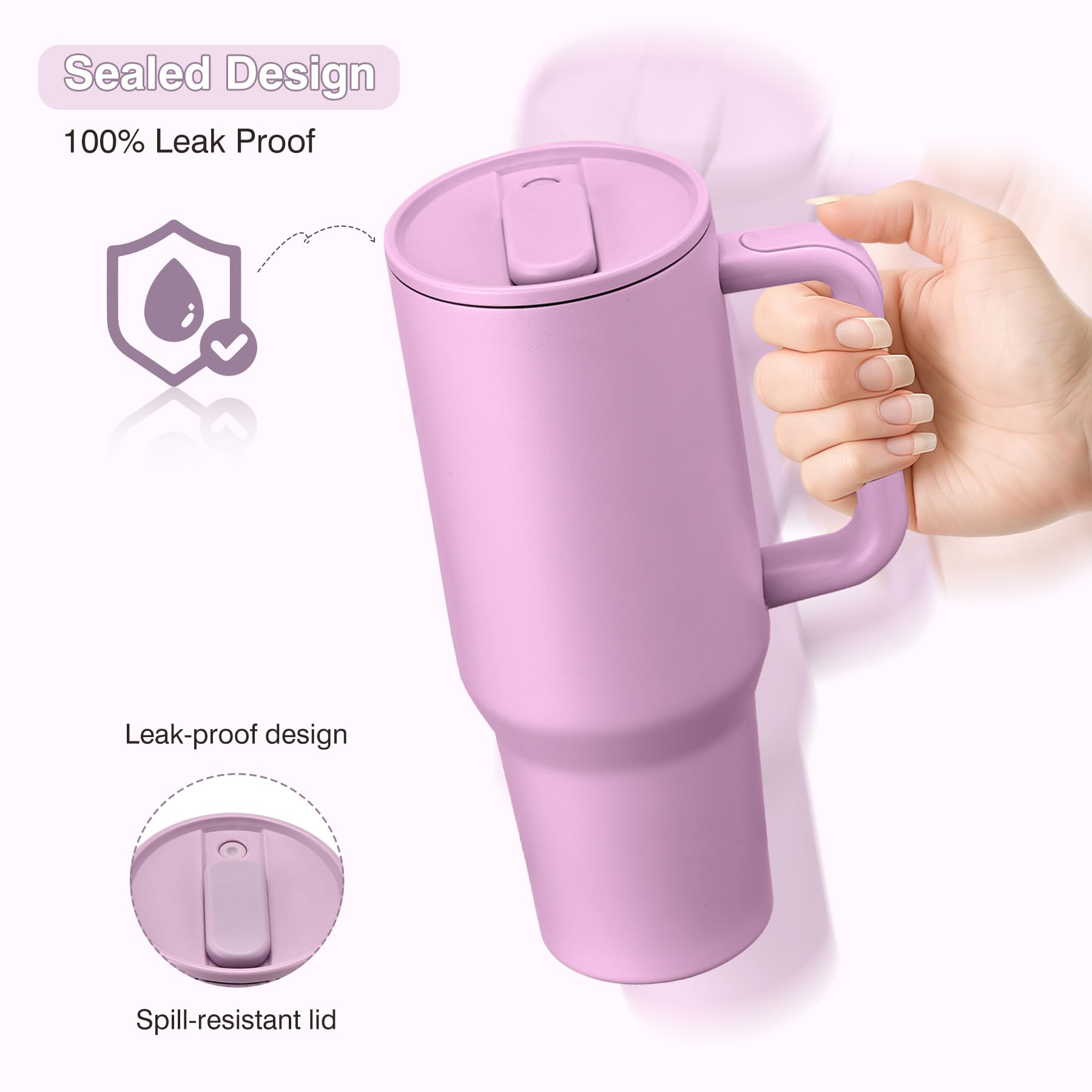 Pawtong 40oz Magnetic Lid Insulated Tumbler with Handle, 360° Rotating & Removable Cover, Leak-Proof Travel Mug with Soft Silicone Straw for Drivers, Commuters, Road Trips, Dishwasher Safe (Purple)