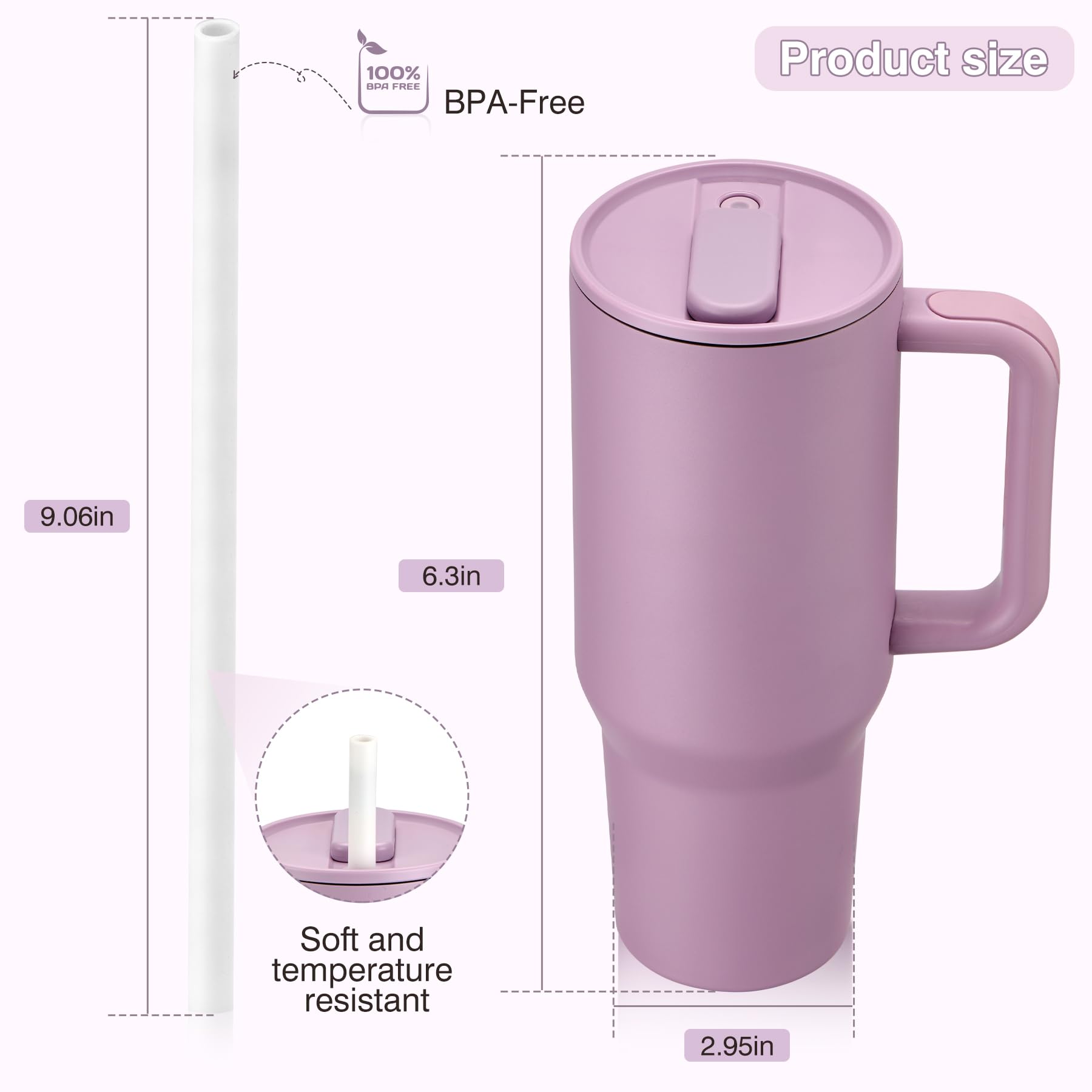 Pawtong 40oz Magnetic Lid Insulated Tumbler with Handle, 360° Rotating & Removable Cover, Leak-Proof Travel Mug with Soft Silicone Straw for Drivers, Commuters, Road Trips, Dishwasher Safe (Purple)