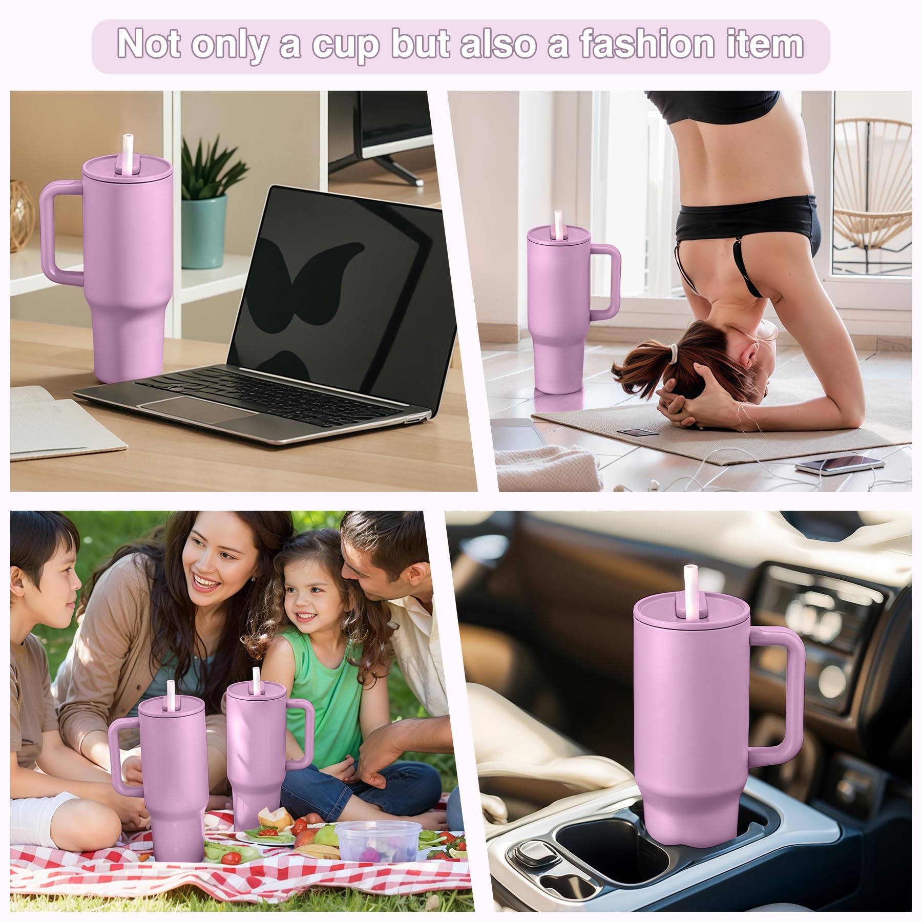 Pawtong 40oz Magnetic Lid Insulated Tumbler with Handle, 360° Rotating & Removable Cover, Leak-Proof Travel Mug with Soft Silicone Straw for Drivers, Commuters, Road Trips, Dishwasher Safe (Purple)