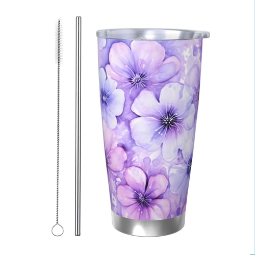 Tangopi Purple Watercolor Flowers 20 oz Tumbler with Lid and Straw Insulated Travel Coffee Mug Reusable Spill Proof Coffee Cups Stainless Steel Water Bottle for Hot and Cold Drinks
