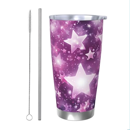 Tangopi Purple Glitter Stars 20 oz Tumbler with Lid and Straw Insulated Travel Coffee Mug Reusable Spill Proof Coffee Cups Stainless Steel Water Bottle for Hot and Cold Drinks