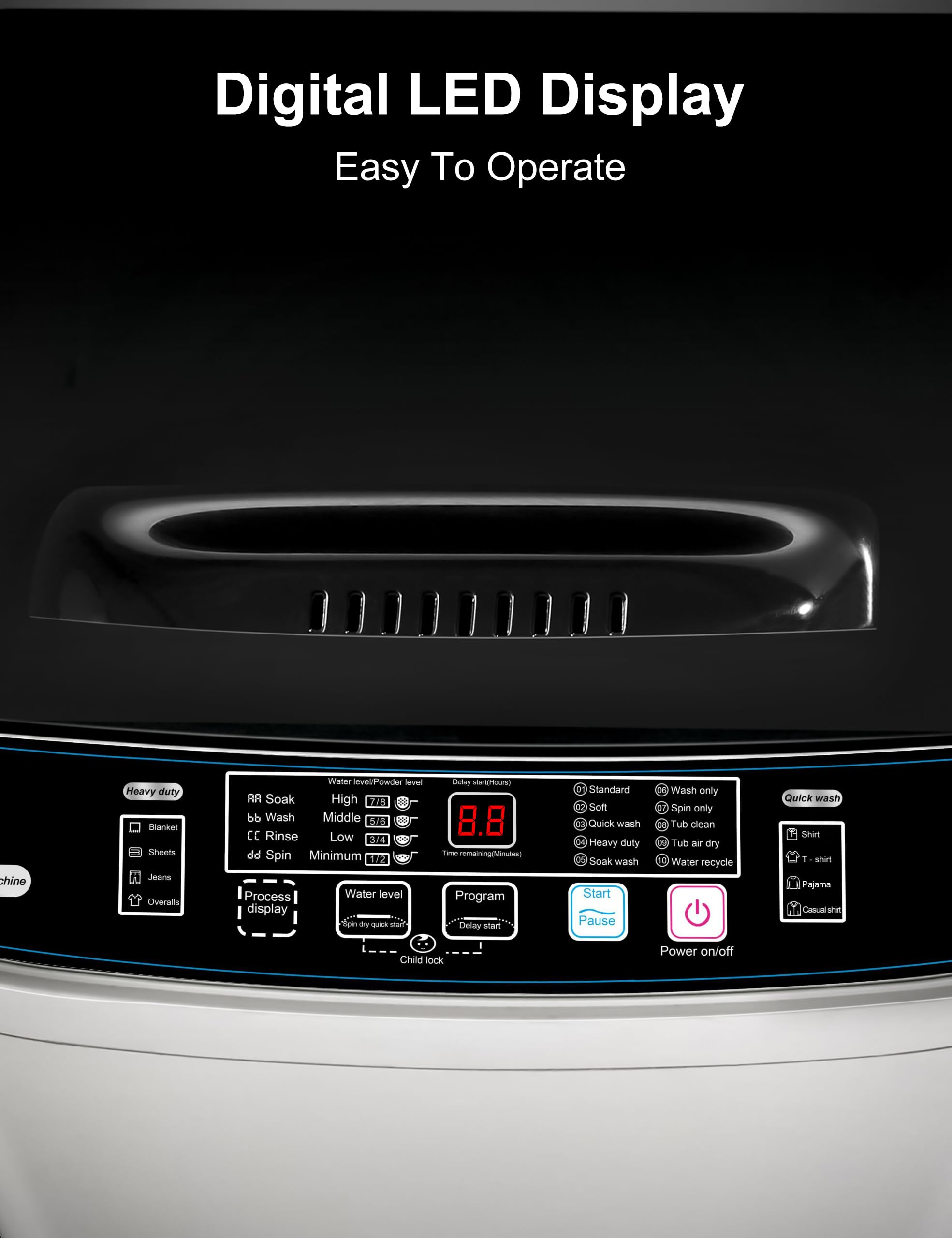 Portable Washing Machine - Compact 2.3 Cu.ft Portable Washer, Full-Automatic Top Loader for Space Saving, Ideal for Apartments, Homes, and Dorms, 10 Wash Cycles, Low Noise, IPX4