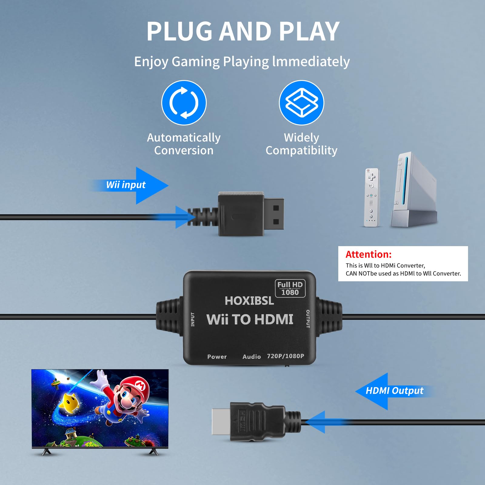 HOXIBSL Wii to HDMI Converter Cable Adapter,720P/1080P Switch,with 3.5mm Audio Jack,Improve Image Quality and Resolution,Supports All Display Modes,Compatible with Wii,U,HDTV, Monitor (6.56FT)