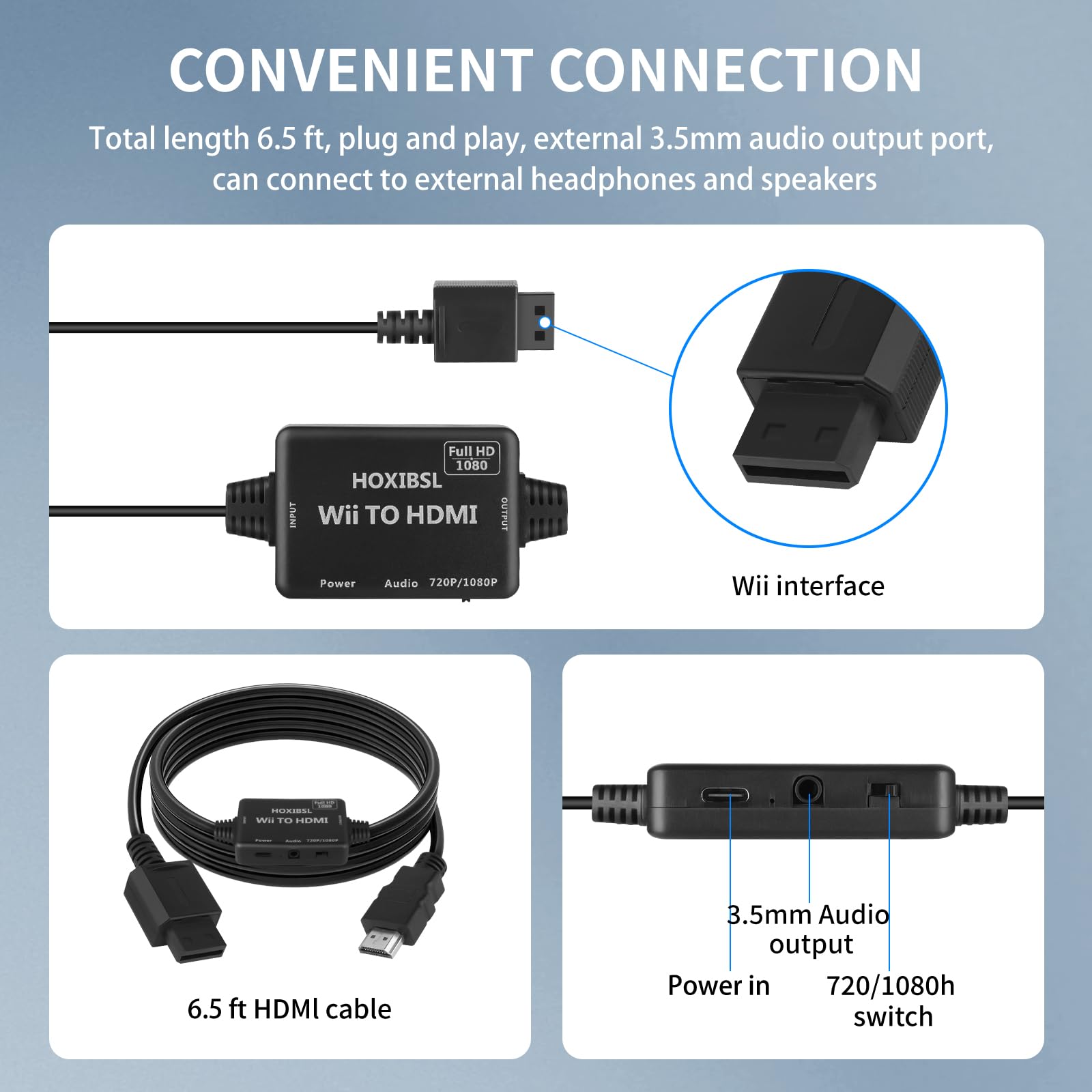 HOXIBSL Wii to HDMI Converter Cable Adapter,720P/1080P Switch,with 3.5mm Audio Jack,Improve Image Quality and Resolution,Supports All Display Modes,Compatible with Wii,U,HDTV, Monitor (6.56FT)