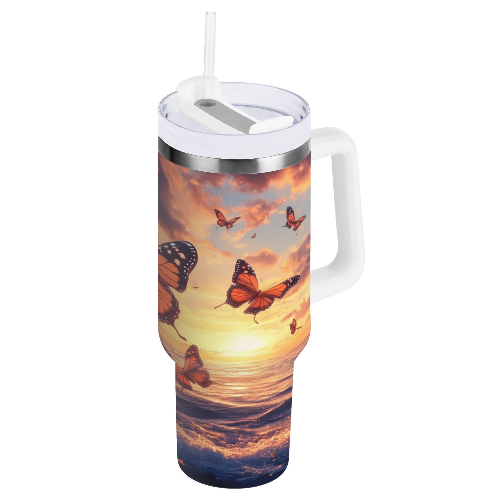Slewiaeky Cute Animal Butterfly 40 oz Tumbler with Handle Straw and Lid Sunshine Stainless Steel Vacuum Insulated Reusable Water Bottle Glasses Travel Mug Thermal Cup for Home Office Car