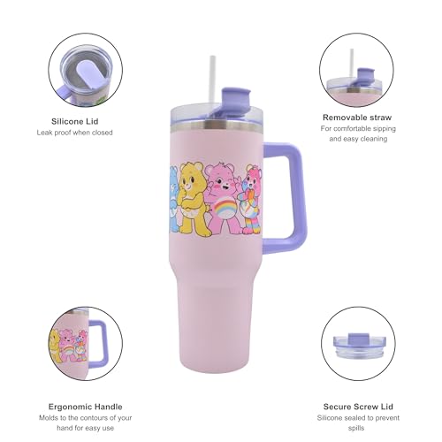Care Bears - Friendship 40oz (1200ml) Insulated Tumbler Stainless Steel Cup with Straw and Handle for Water, Iced Tea, Coffee or Smoothie, Pink