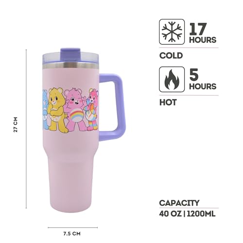 Care Bears - Friendship 40oz (1200ml) Insulated Tumbler Stainless Steel Cup with Straw and Handle for Water, Iced Tea, Coffee or Smoothie, Pink