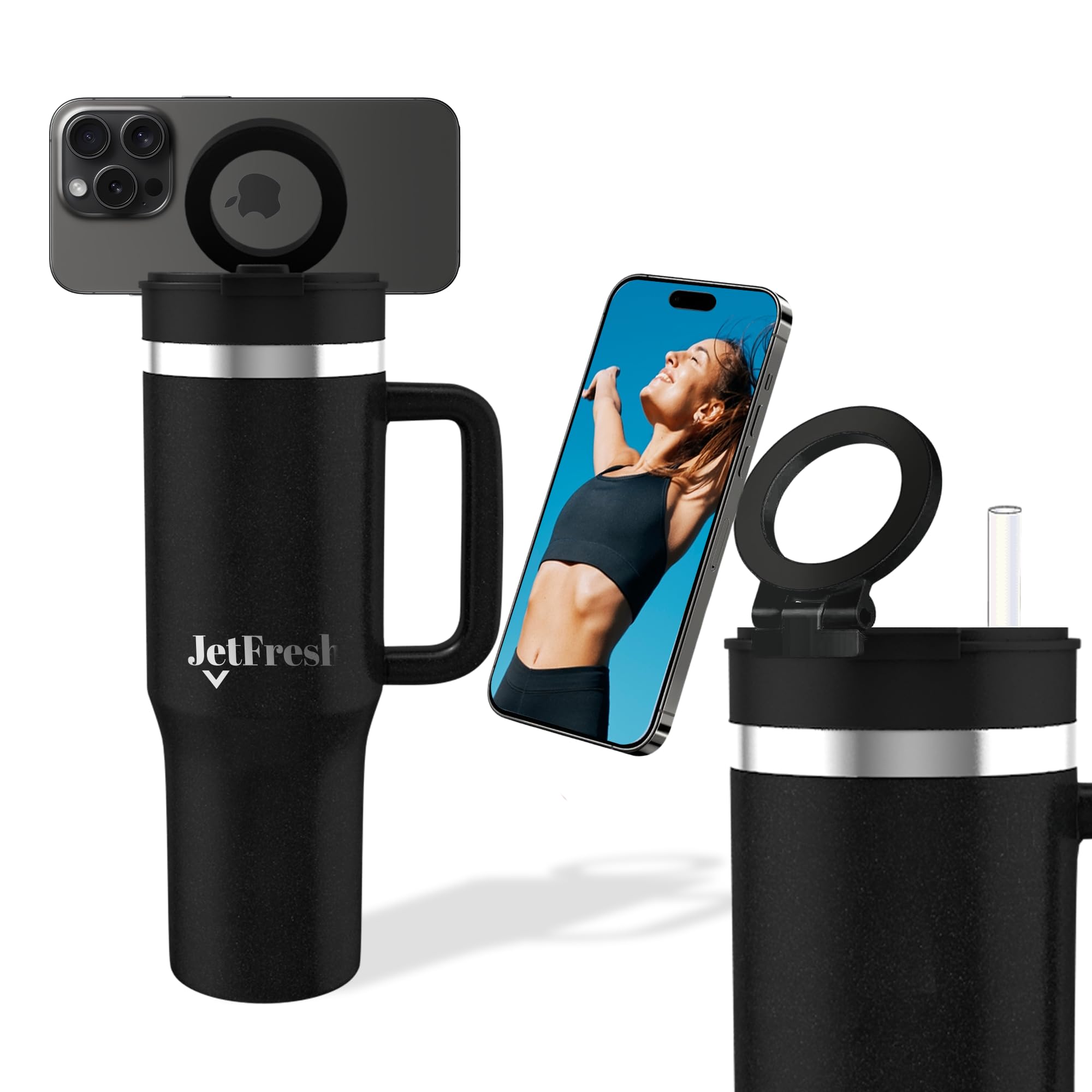 JetFresh 40 oz Tumbler with Handle and Straw Magnetic Phone Holder Tripod Lid Perfect for Car Phone Holder - Insulated Stainless Steel Leak Proof Spill Proof Water Tumbler for Men and Women Cup