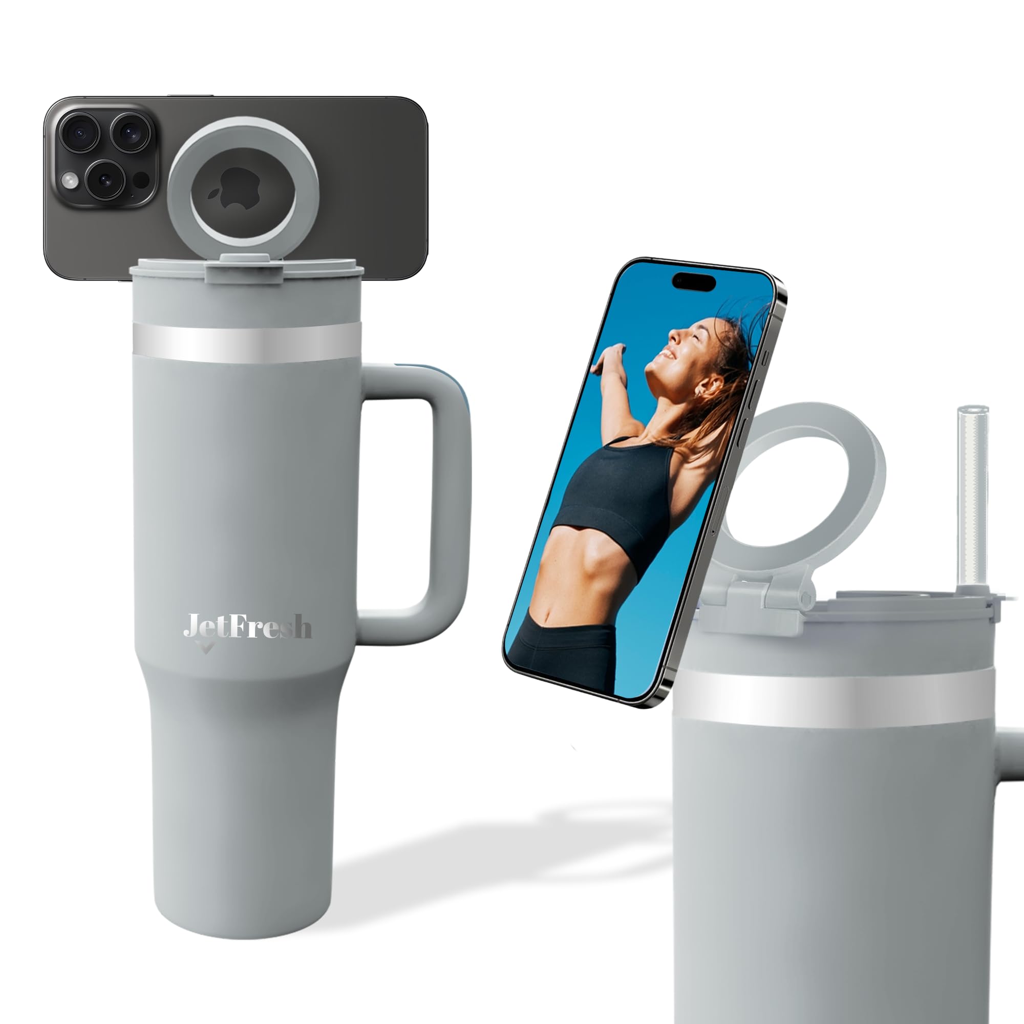 JetFresh 40 oz Tumbler with Handle and Straw Magnetic Phone Holder Tripod Lid Perfect for Car Phone Holder - Insulated Stainless Steel Leak Proof Spill Proof Water Tumbler for Men and Women Cup