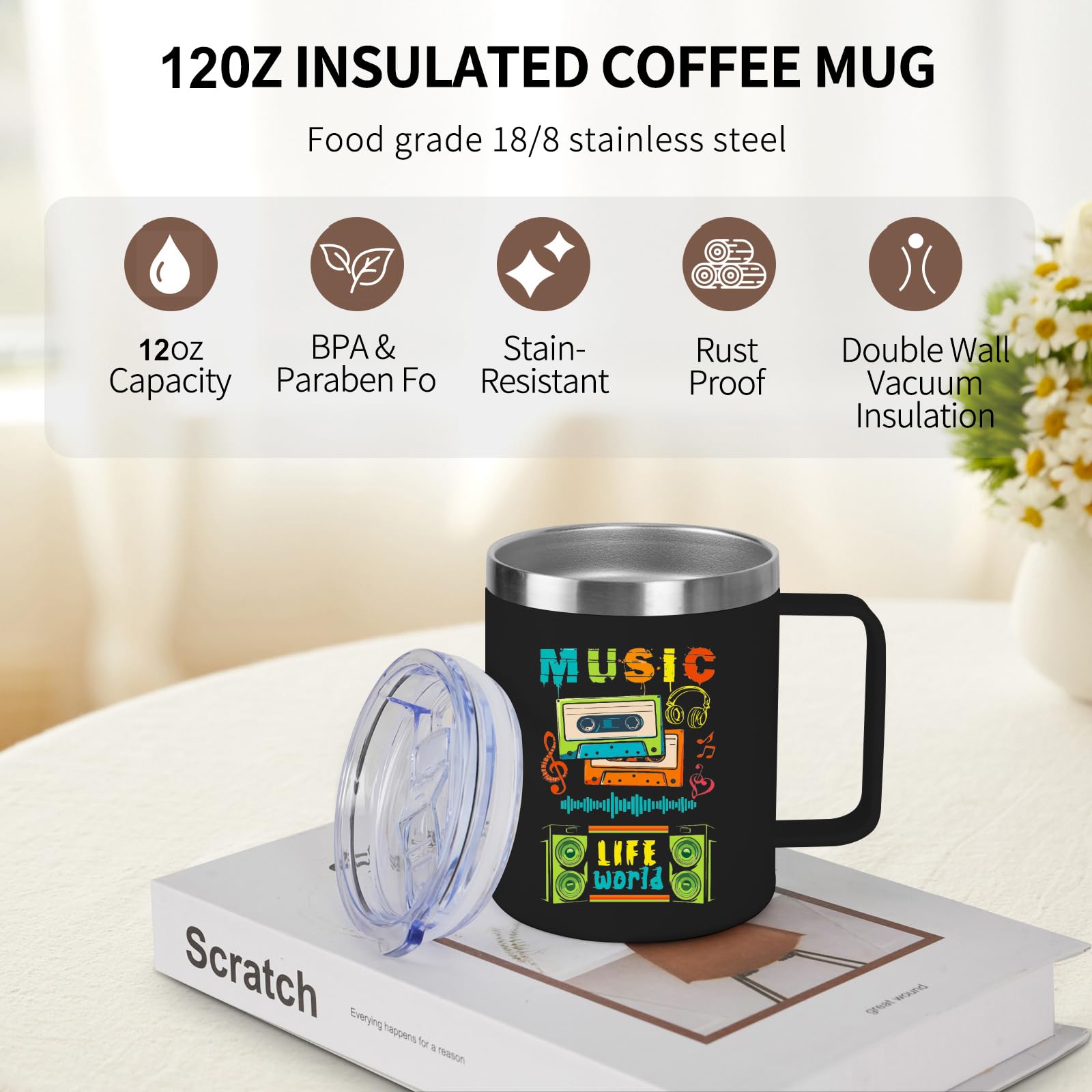 WFSJRED Theater Gifts 12 oz Insulated Mug for Coffee Mug with Leak-Resistant closeable hot lid for hot Drinks with Handle Broadway Gifts for Musicians (MUICE LIFE)