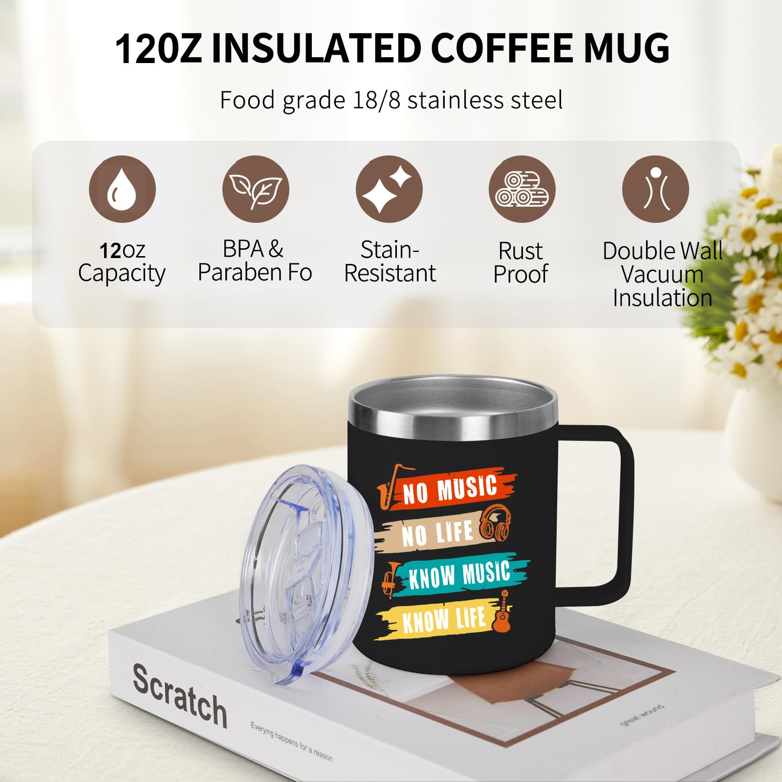 WFSJRED Theater Gifts 12 oz Insulated Mug for Coffee Mug with Leak-Resistant closeable hot lid for hot Drinks with Handle Broadway Gifts for Musicians (NO MUSIC)