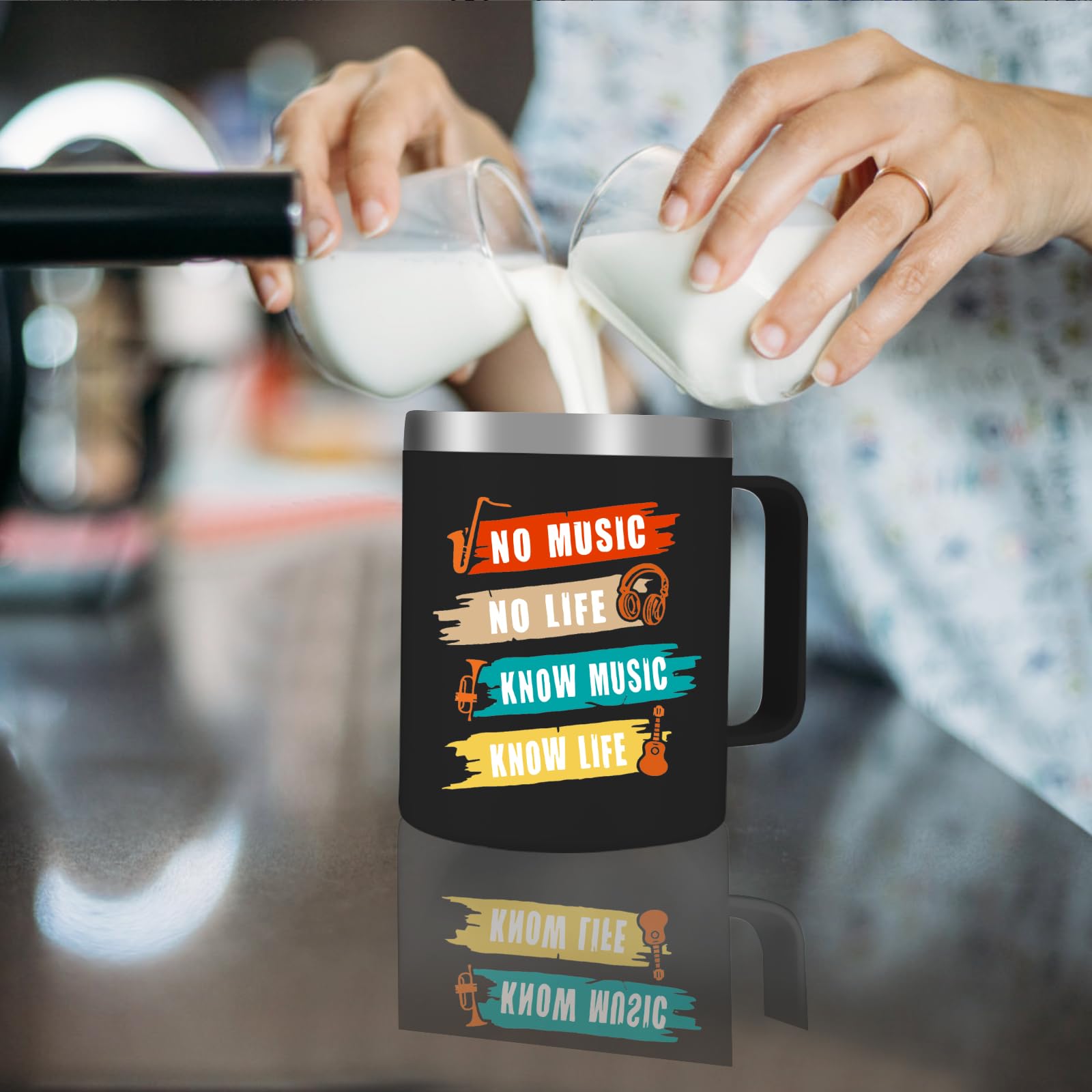 WFSJRED Theater Gifts 12 oz Insulated Mug for Coffee Mug with Leak-Resistant closeable hot lid for hot Drinks with Handle Broadway Gifts for Musicians (NO MUSIC)