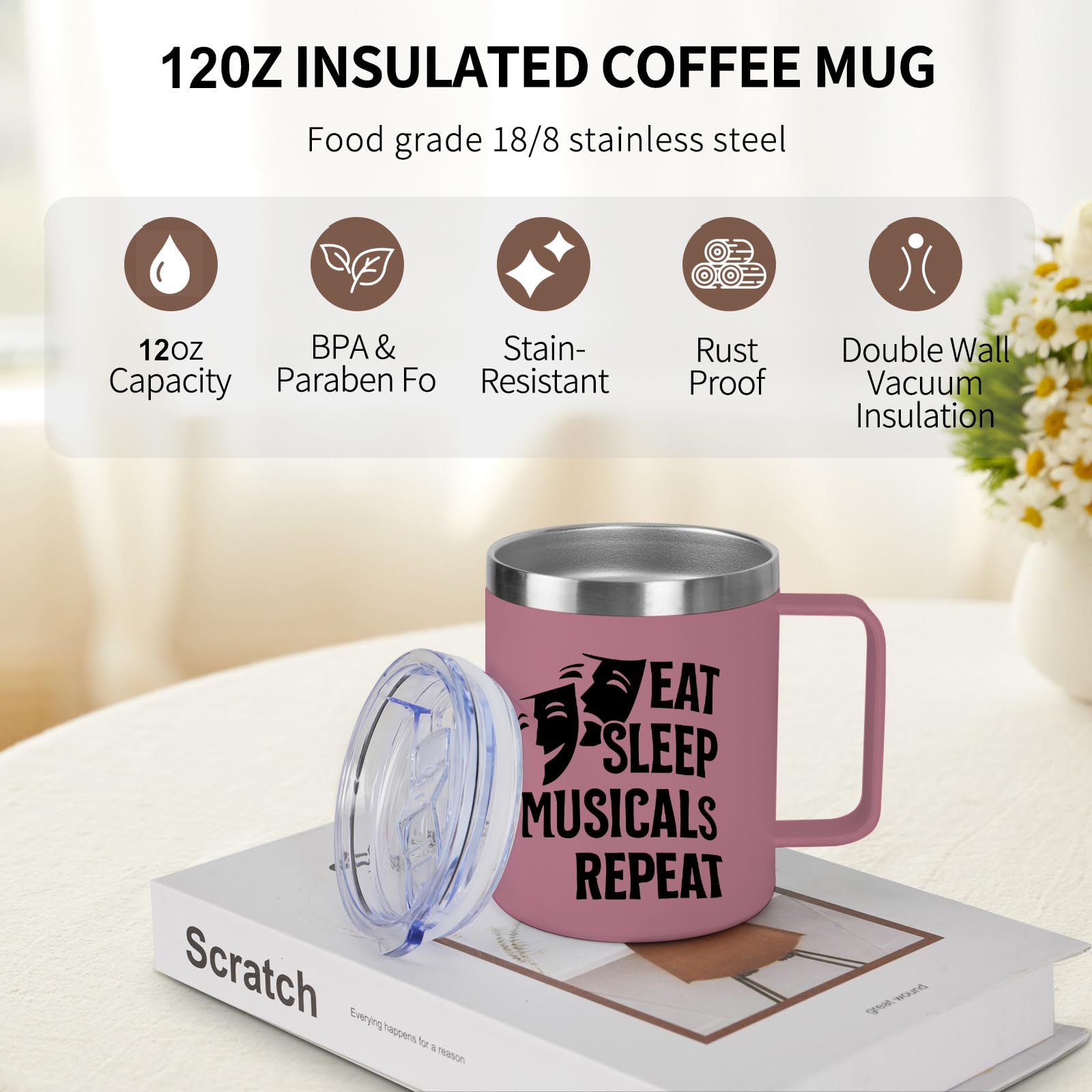 WFSJRED Theater Gifts 12 oz Insulated Mug for Coffee Mug with Leak-Resistant closeable hot lid for hot Drinks with Handle Broadway Gifts for Musicians (MUSICALS REPEAT)