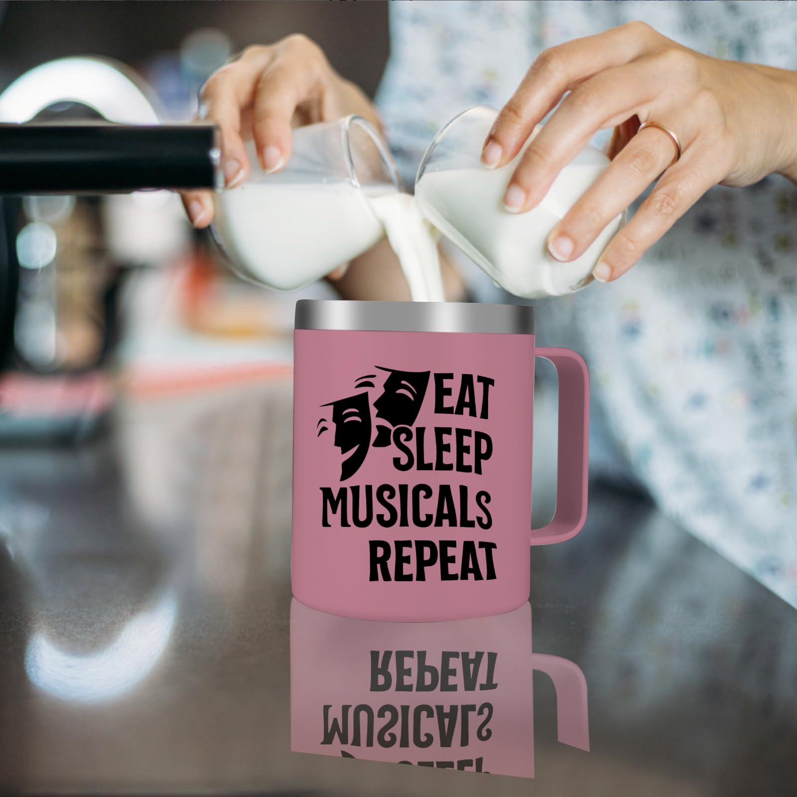 WFSJRED Theater Gifts 12 oz Insulated Mug for Coffee Mug with Leak-Resistant closeable hot lid for hot Drinks with Handle Broadway Gifts for Musicians (MUSICALS REPEAT)