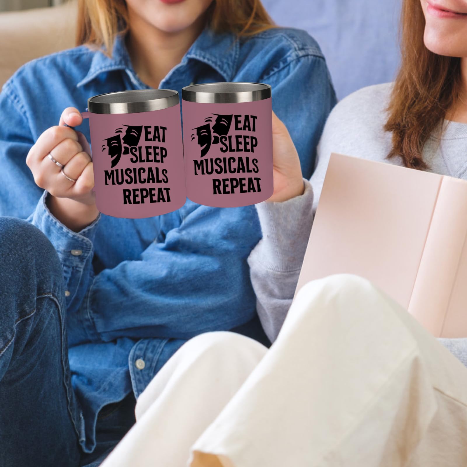 WFSJRED Theater Gifts 12 oz Insulated Mug for Coffee Mug with Leak-Resistant closeable hot lid for hot Drinks with Handle Broadway Gifts for Musicians (MUSICALS REPEAT)