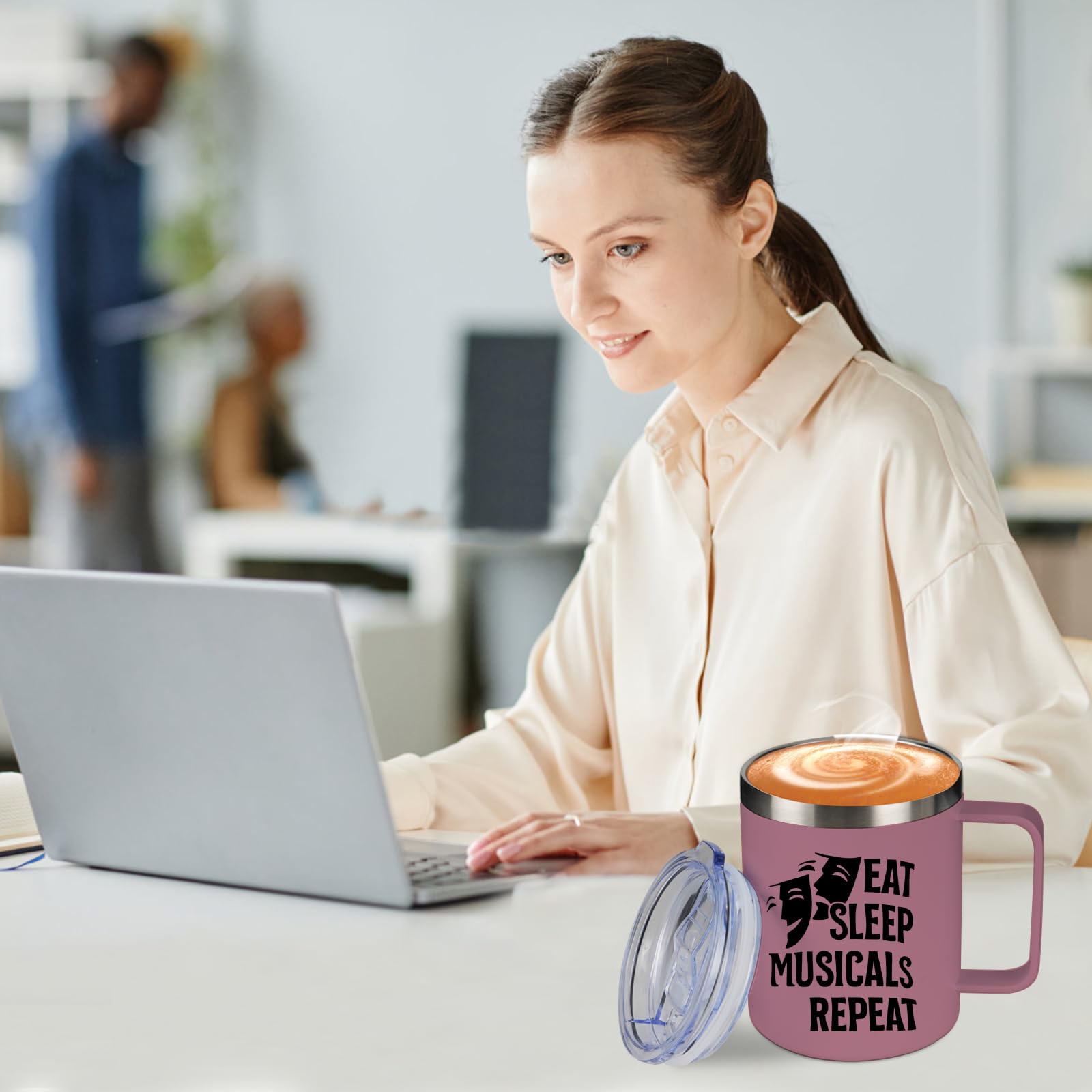 WFSJRED Theater Gifts 12 oz Insulated Mug for Coffee Mug with Leak-Resistant closeable hot lid for hot Drinks with Handle Broadway Gifts for Musicians (MUSICALS REPEAT)