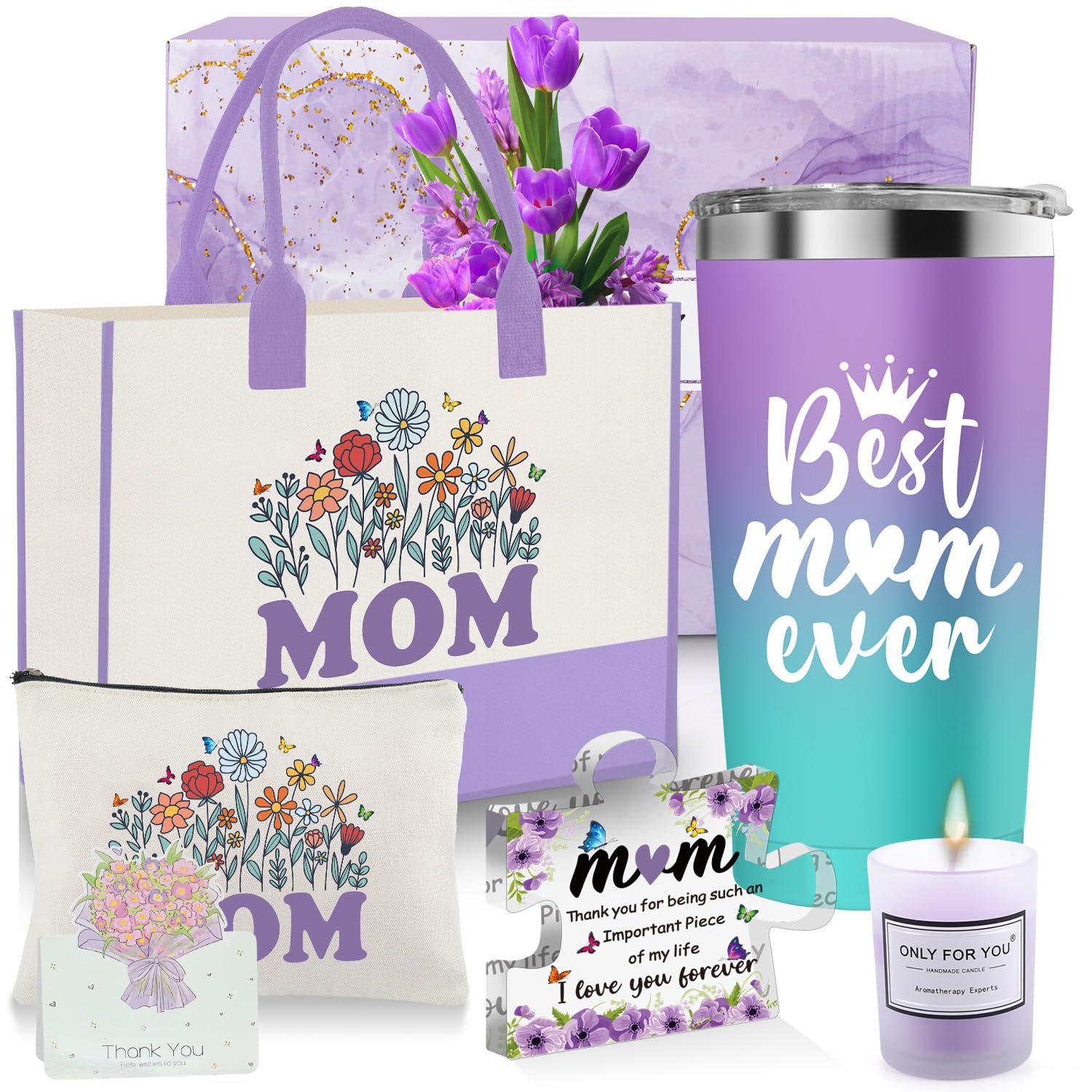 HULASO Mothers Day Gifts for Mom from Daughter, Fun Birthday Gifts for Mom Women with 20 Oz Tumbler Mothers Day Cards Canvas Tote Bag Scented Candle Makeup Bag Cute Acrylic Plaque Sign