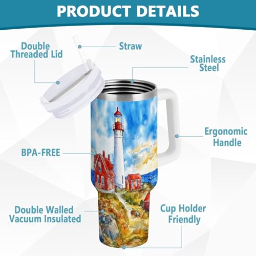ODAWA Lighthouse Coffee Tumbler Reusable Insulated Water Bottle with Handle Travel Mug