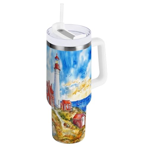 ODAWA Lighthouse Coffee Tumbler Reusable Insulated Water Bottle with Handle Travel Mug