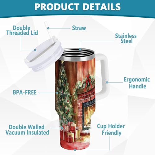 ODAWA Christmas Fireplace Red Water Tumbler 40 Oz Travel Cup with Lid and Straw