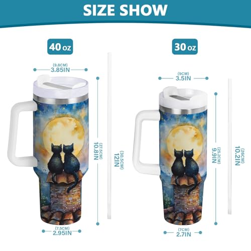ODAWA Romantic Cats Moon Blue Travel Coffee Tumbler 40 Oz Drinking Cups with Lid and Straw
