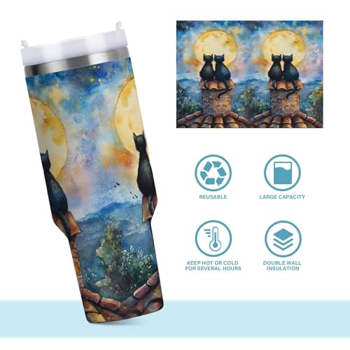ODAWA Romantic Cats Moon Blue Travel Coffee Tumbler 40 Oz Drinking Cups with Lid and Straw