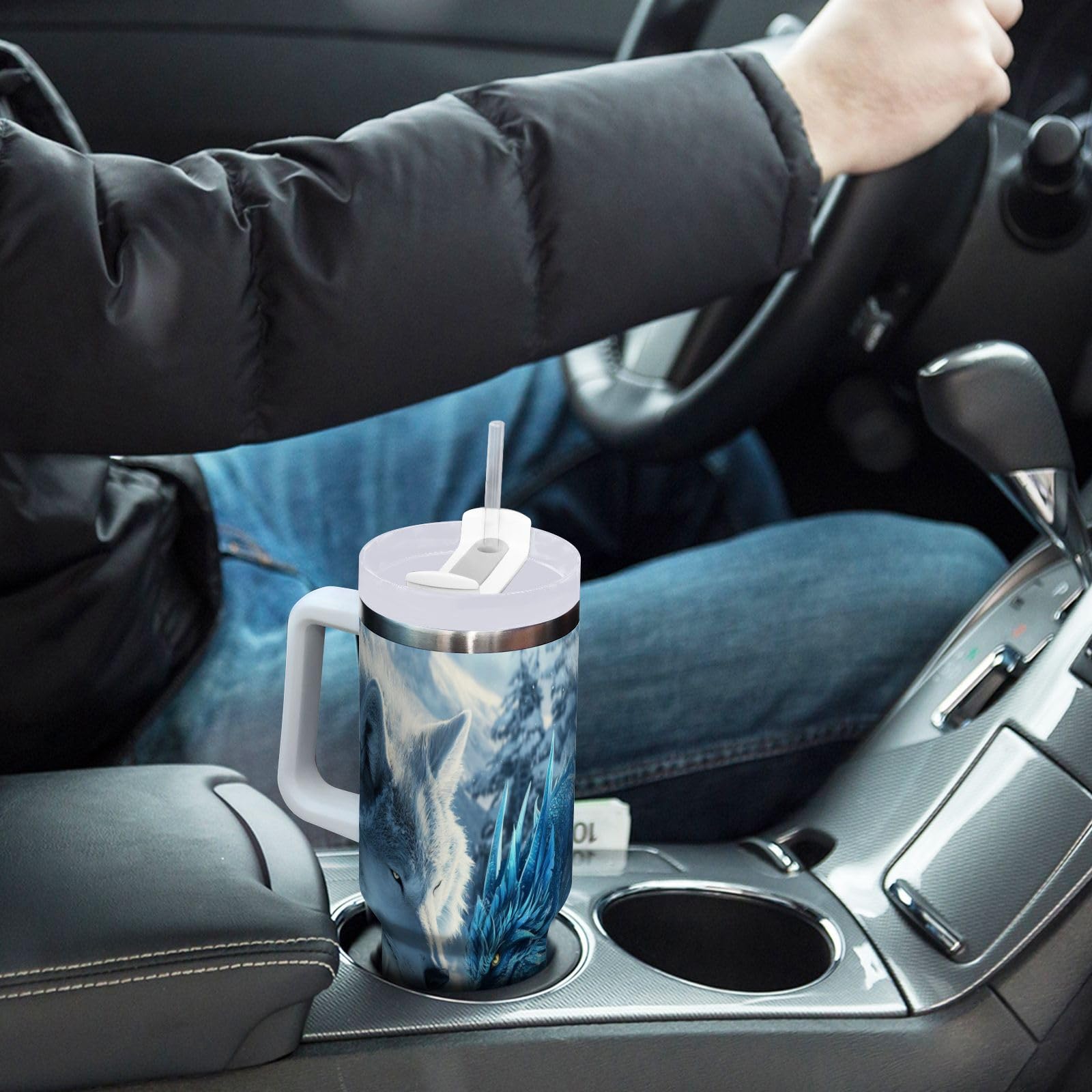 ODAWA Wolf Dragon White Tumbler Cup Reusable Tumbler with Straw Ice Coffee Cups